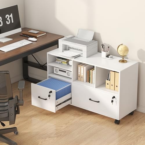 Semoic 2 Drawer Wood Lateral File Cabinet with Lock, Lockable Rolling ...