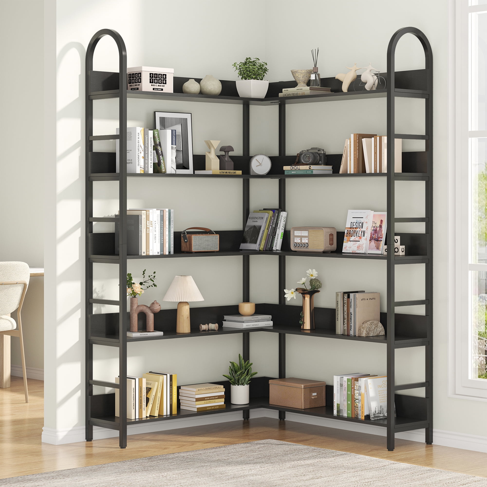 Semoic 5 Tiers Tall Corner Bookshelf, Large Heavy Duty Industrial ...