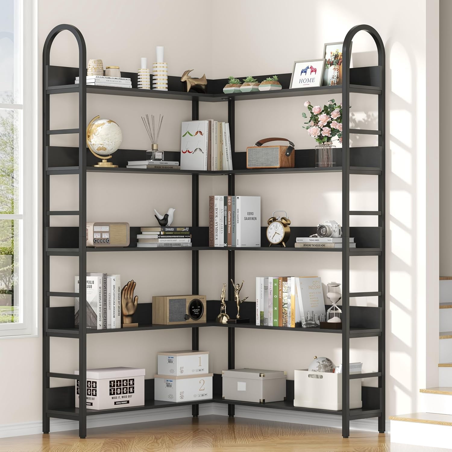 Semoic 5 Tiers Tall Corner Bookshelf, Large Heavy Duty Industrial ...