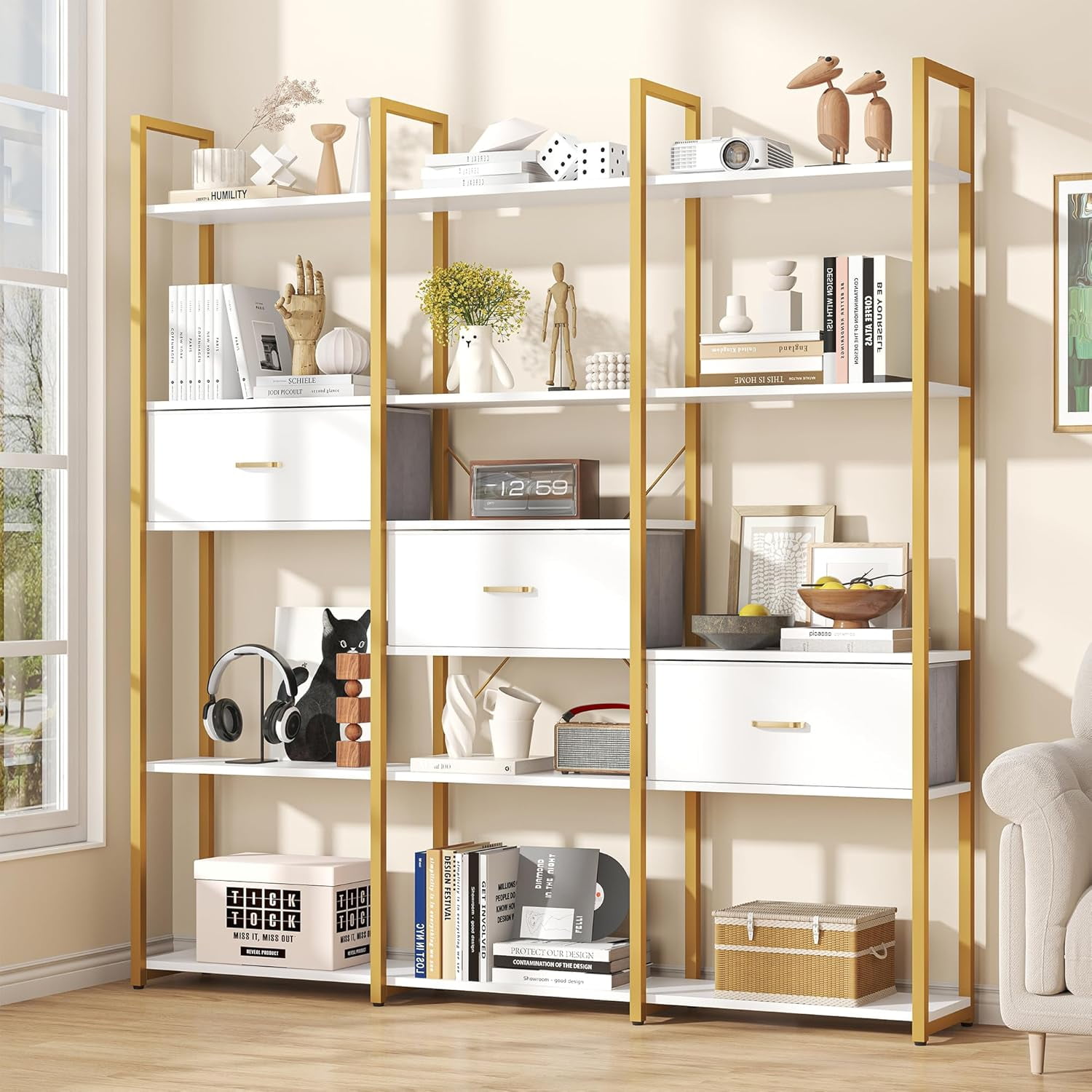 Semoic Farmhouse Corner Book Shelf with Barn Doors and Storage Shelves ...