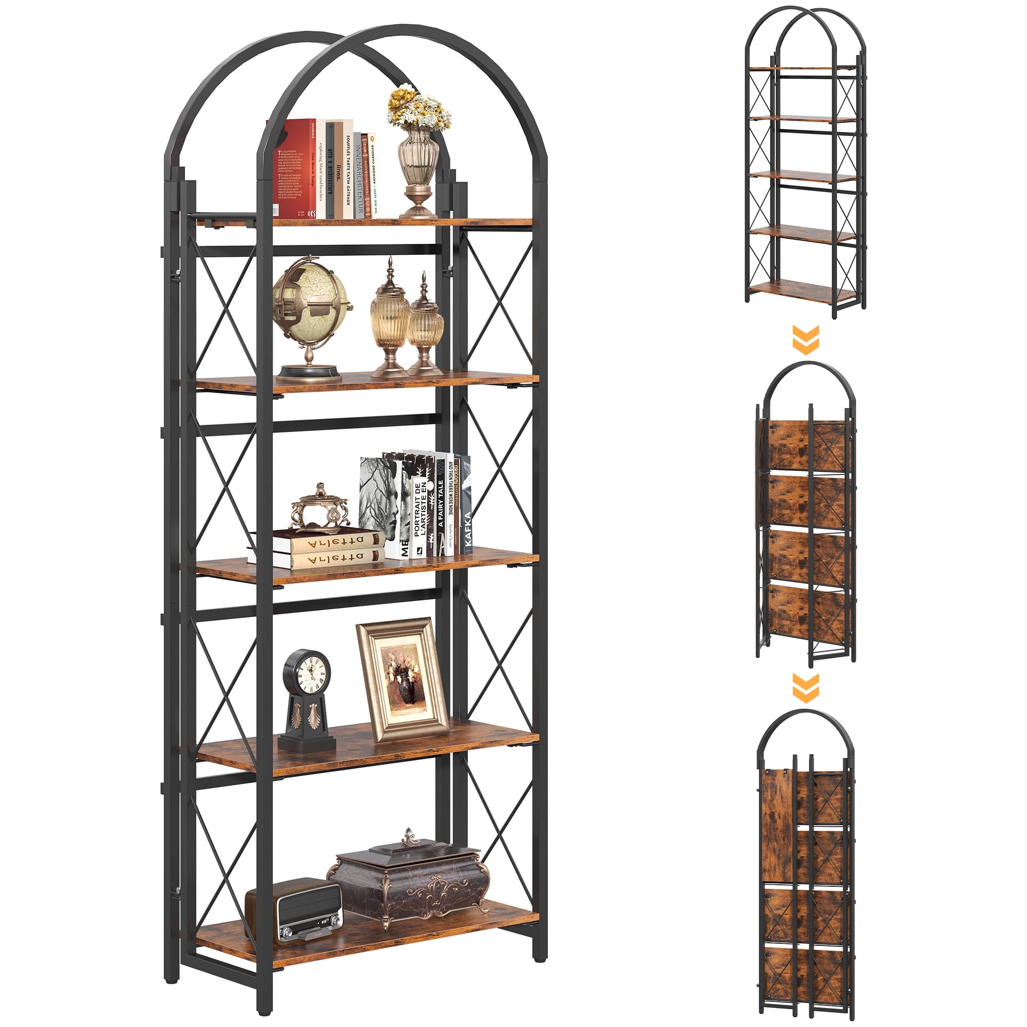 Semoic Folding Arched Bookshelf with Storage Shelves, 5-Tier ...