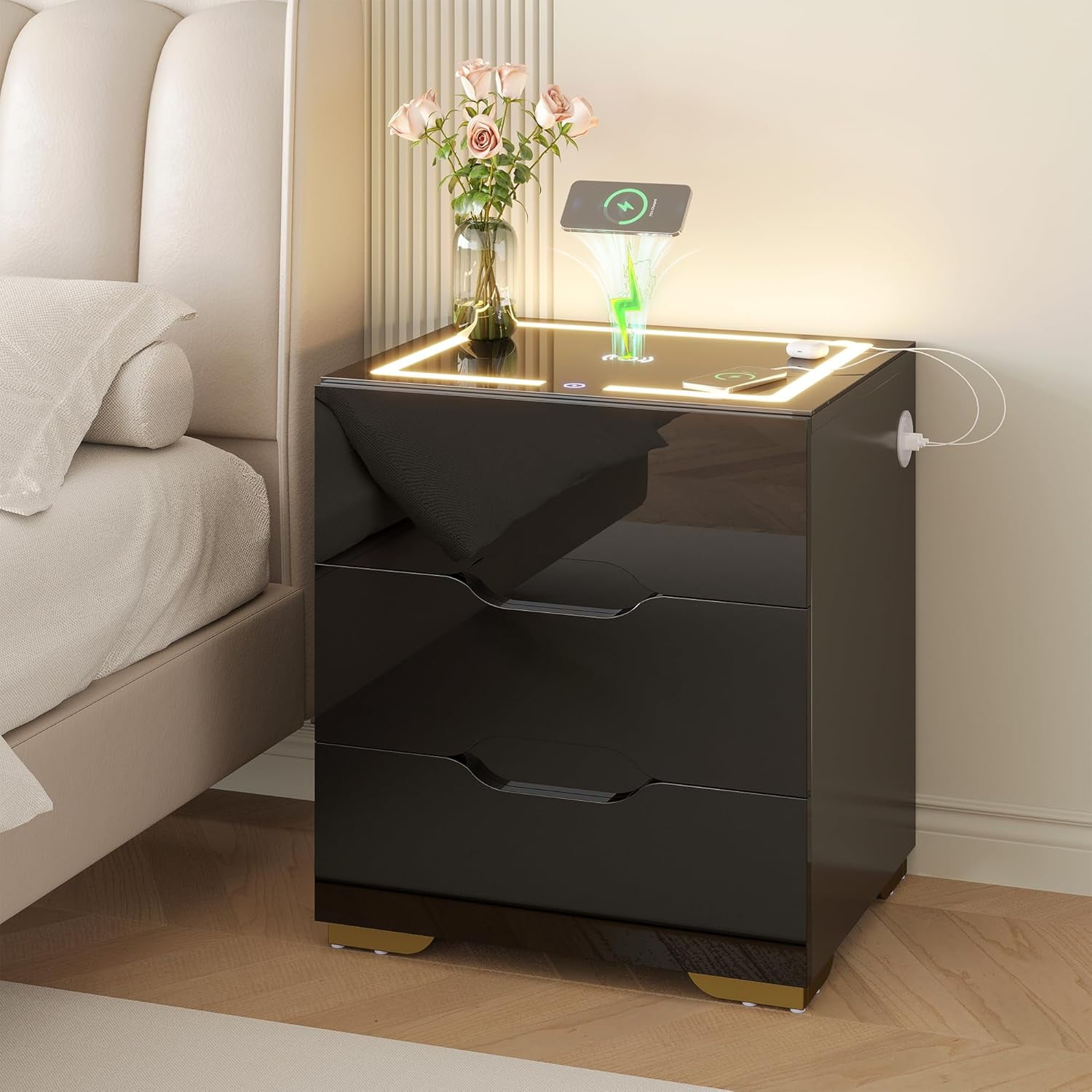 Semoic Nightstand with Wireless Charging Station and LED Lights, Smart ...