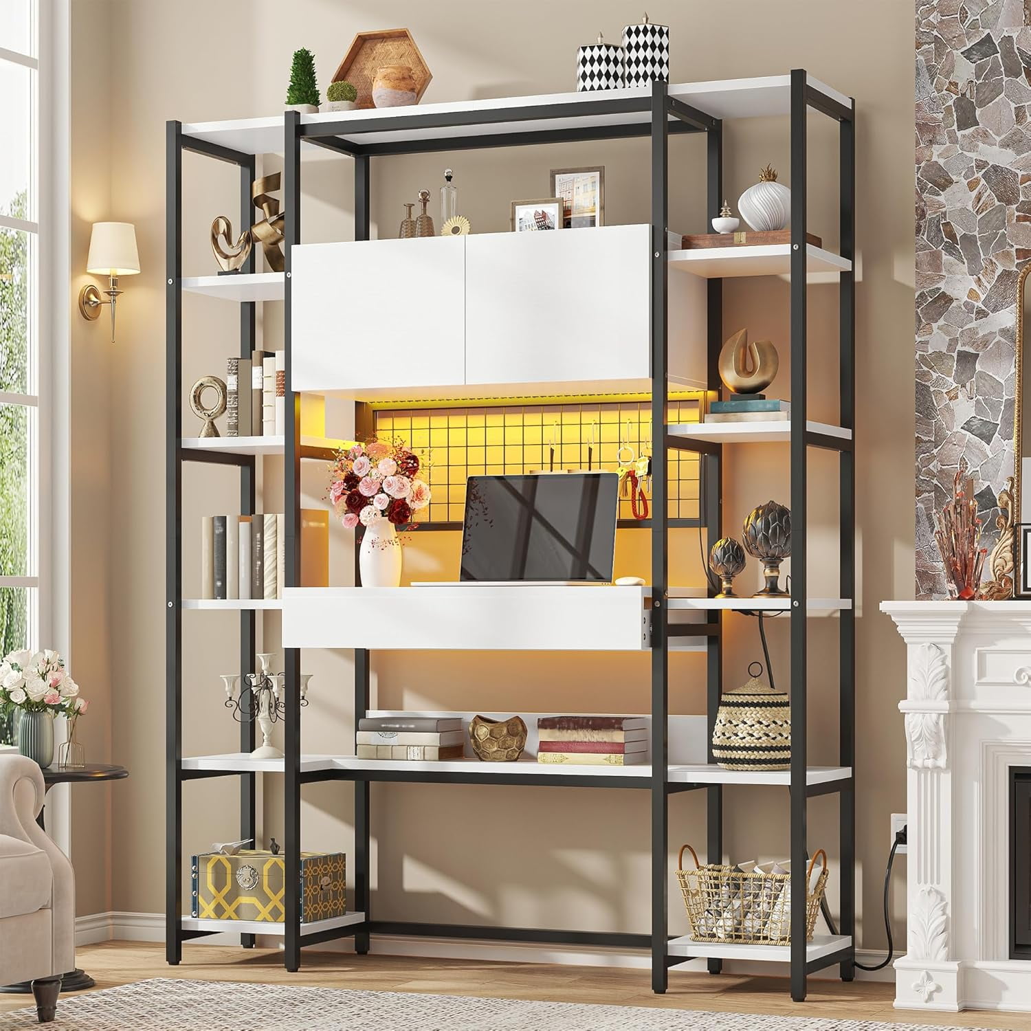 Semoic Triple Width 5 Tier Bookshelf with Sorage Cabinet,70.87"large ...