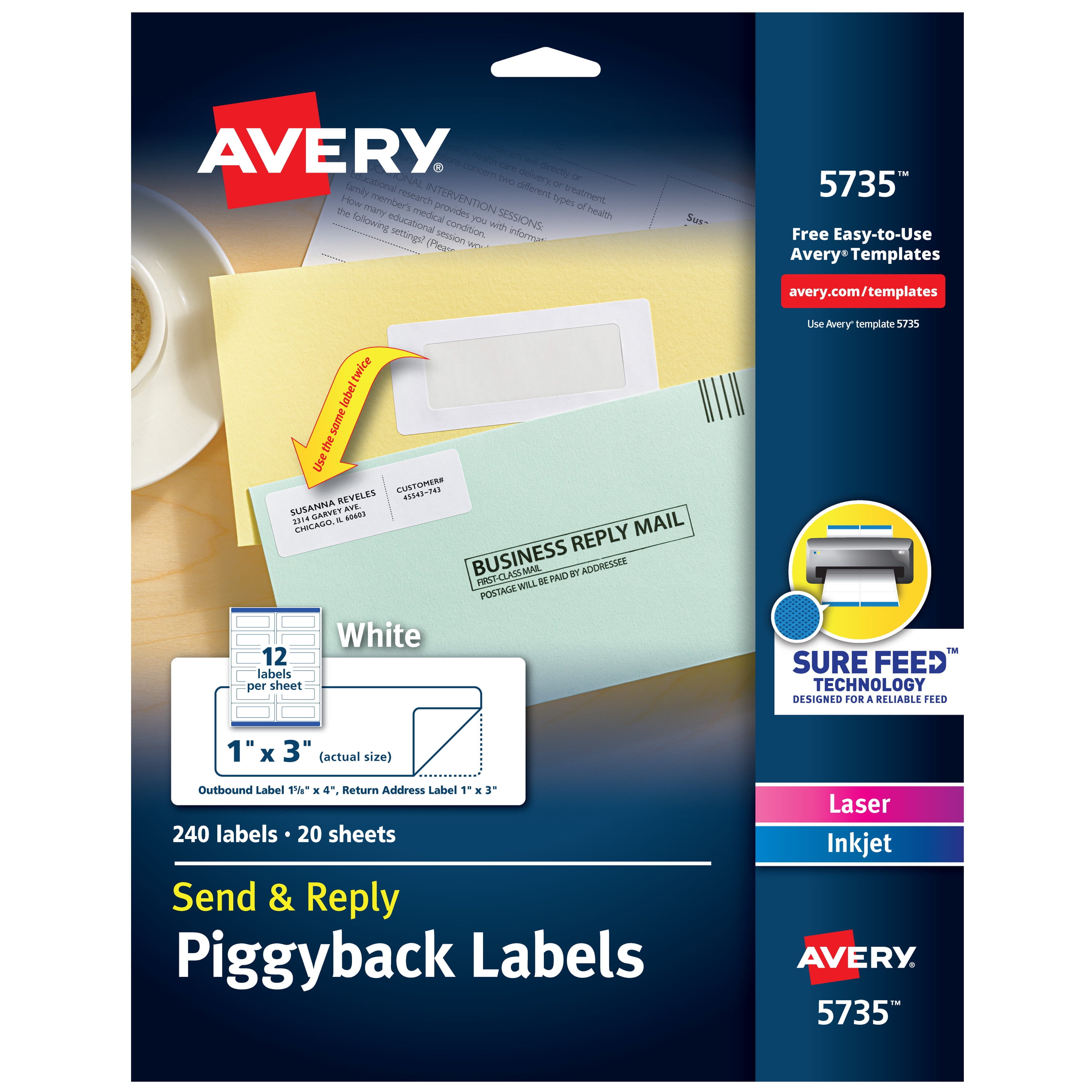 Send & Reply Piggyback Labels, 1-5/8"x4" Outer-1"x3" Inner, 240 Labels ...