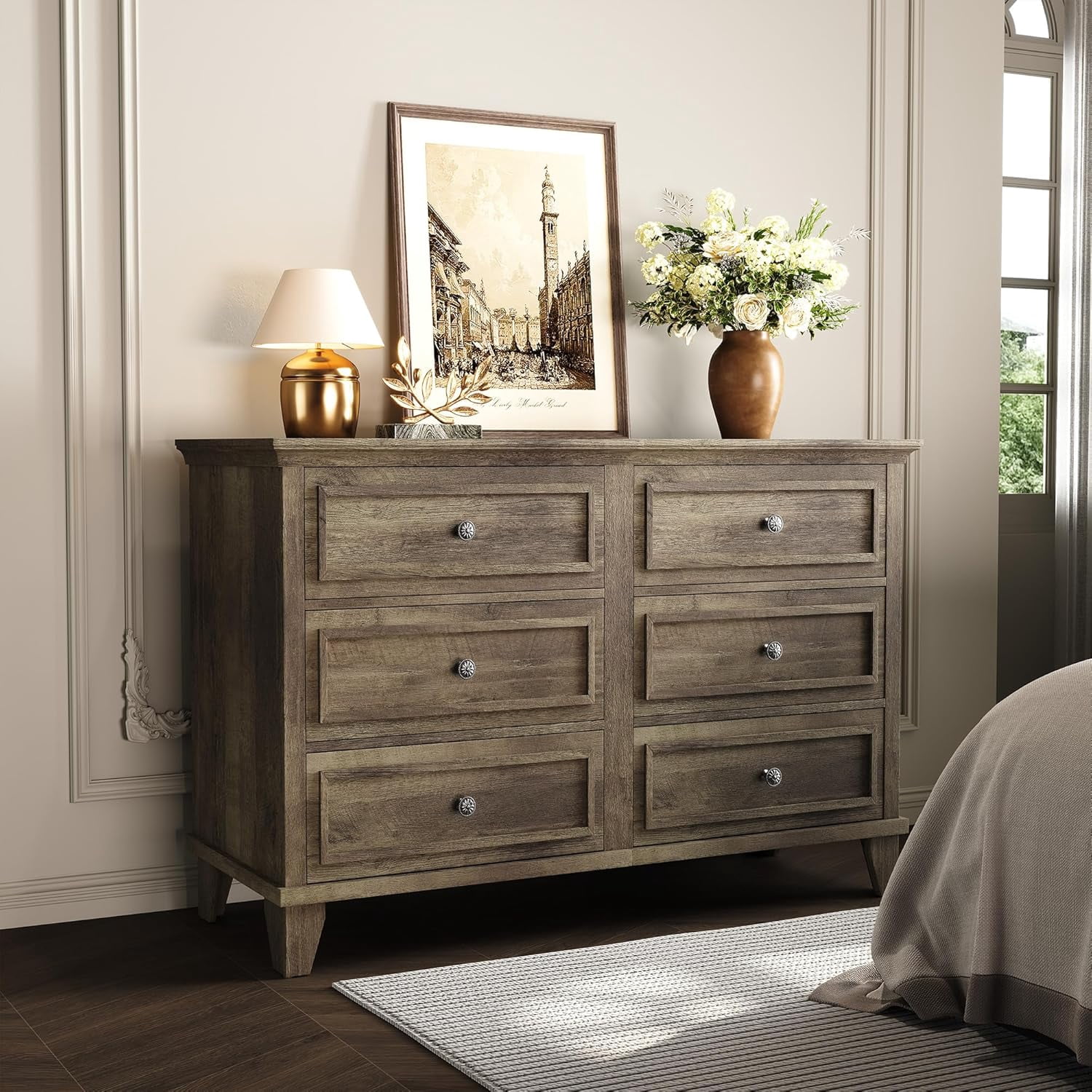 Senfot 6 Drawer Dresser, Large Wide Dresser TV Stand, Wooden Storage ...