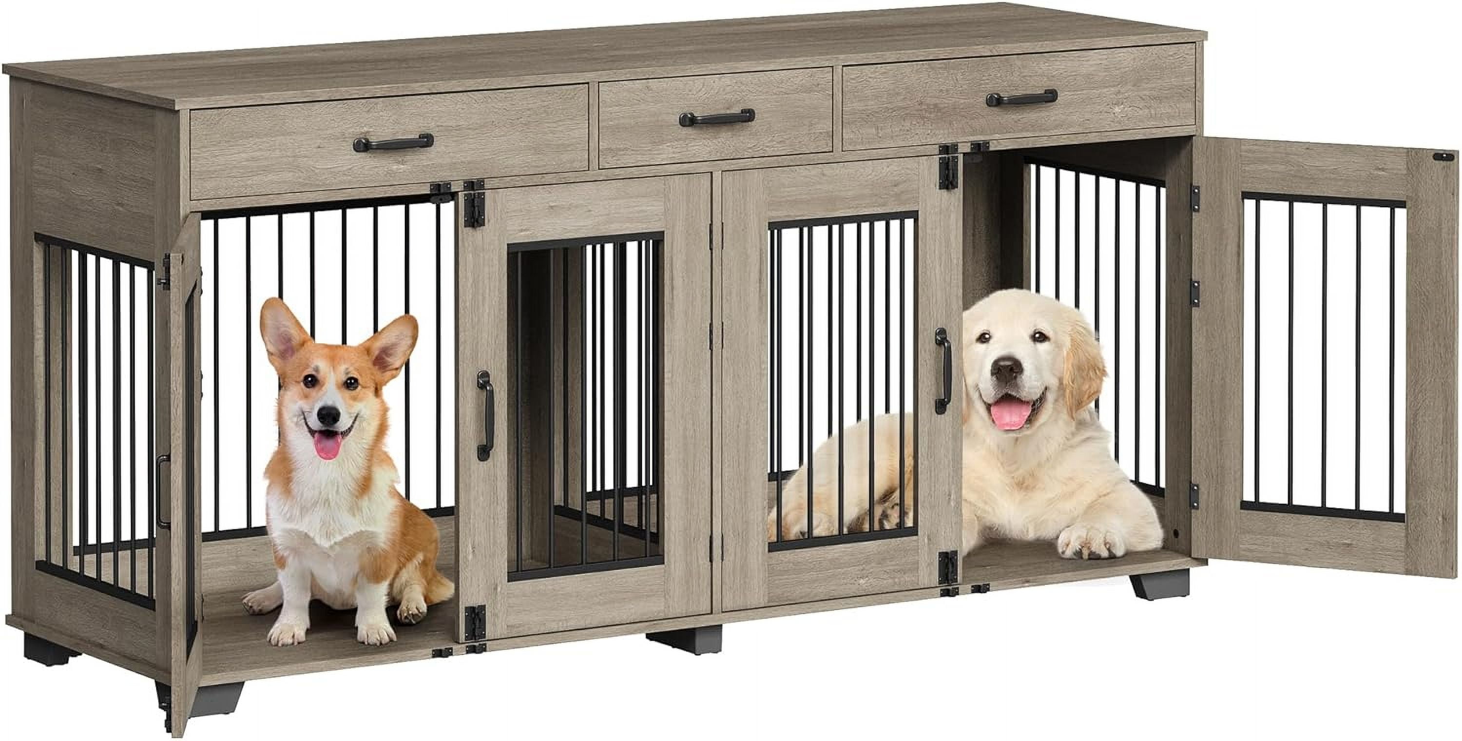 Senfot 71" Indoor Pet Crate Furniture for 2 Dogs with 3 Storage Drawers ...
