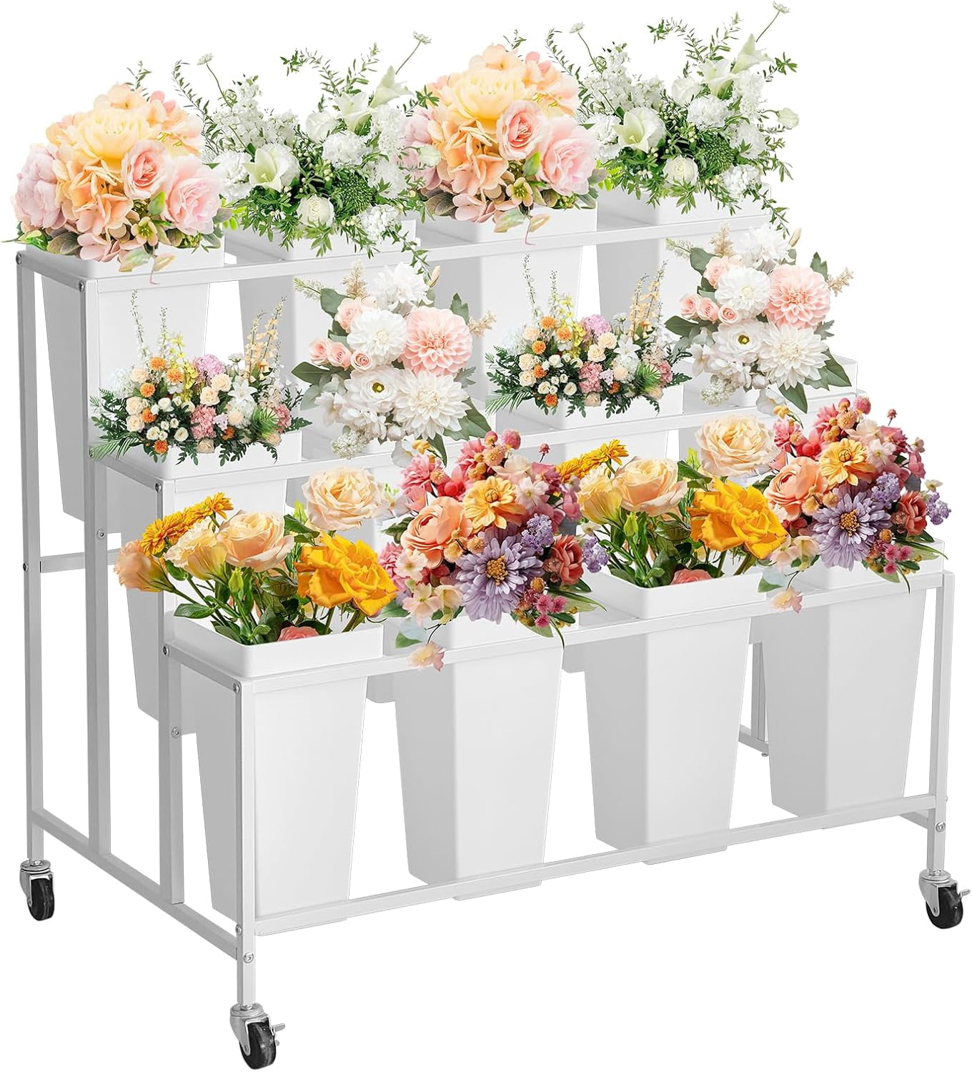 Senfot 94x60x80cm White 3 Tier Metal Flower Display Stand with 12 ...