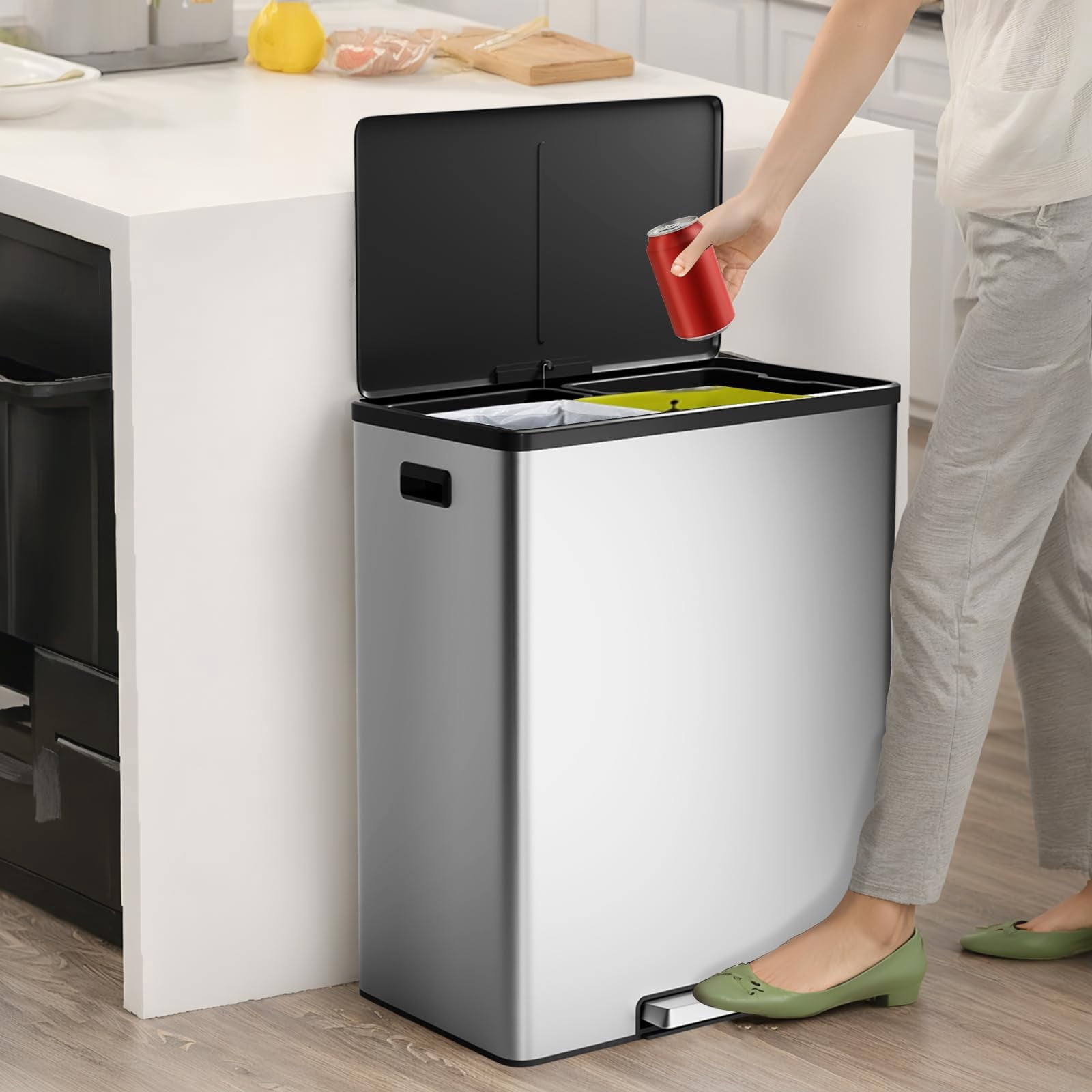 Senfot Dual Trash Can, 16 Gallon Stainless Steel Step Recycling Bin ...