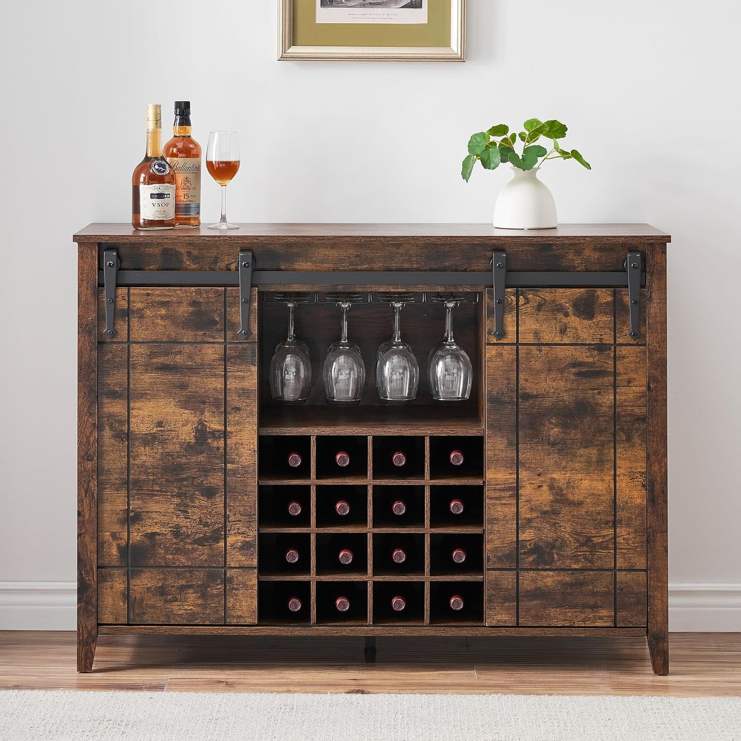 Senfot Farmhouse Wine Bar Cabinet, 47" Coffee Bar with Sliding Barn ...