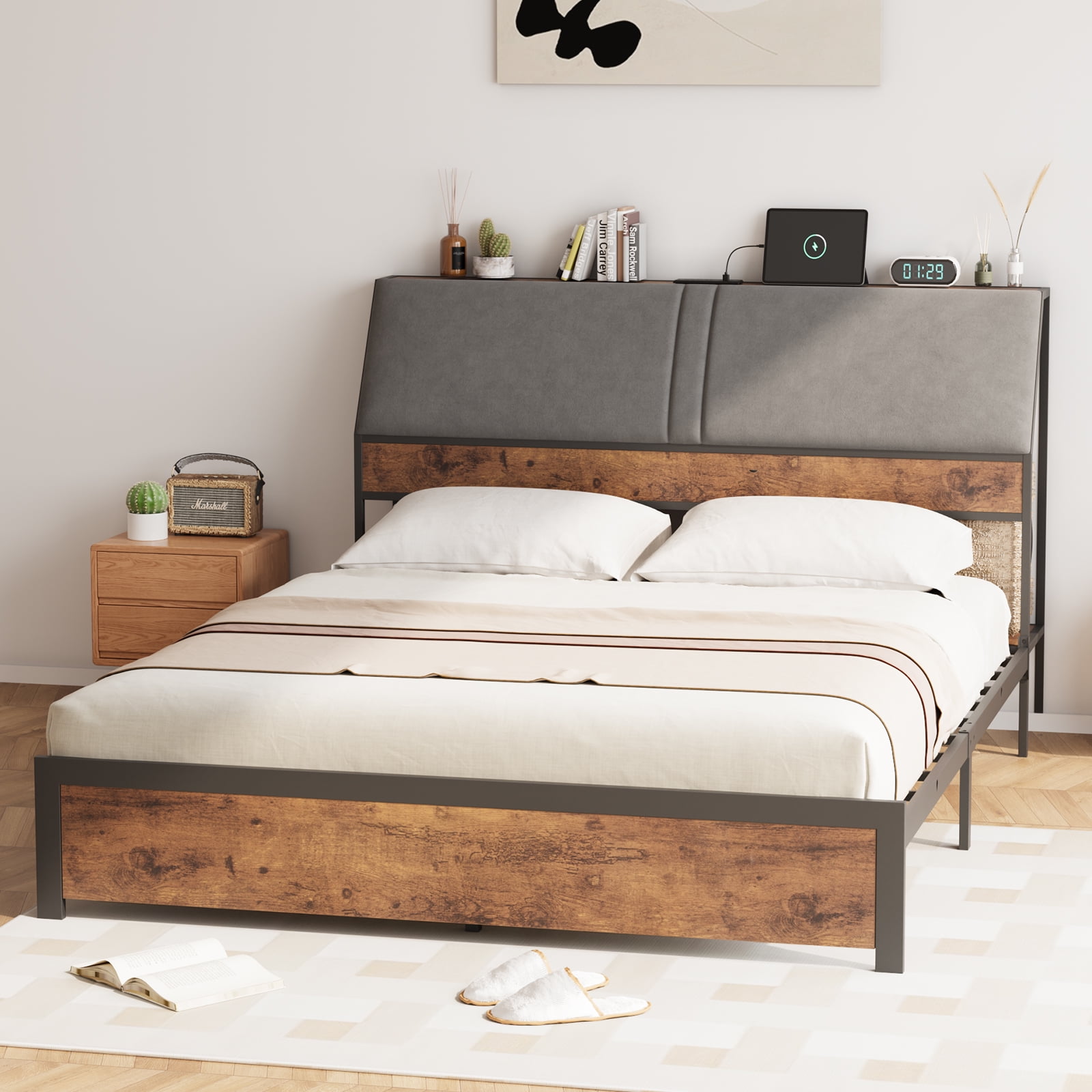Senfot Full Size Bed Frame with Tall Ergonomic Upholstered Headboard ...