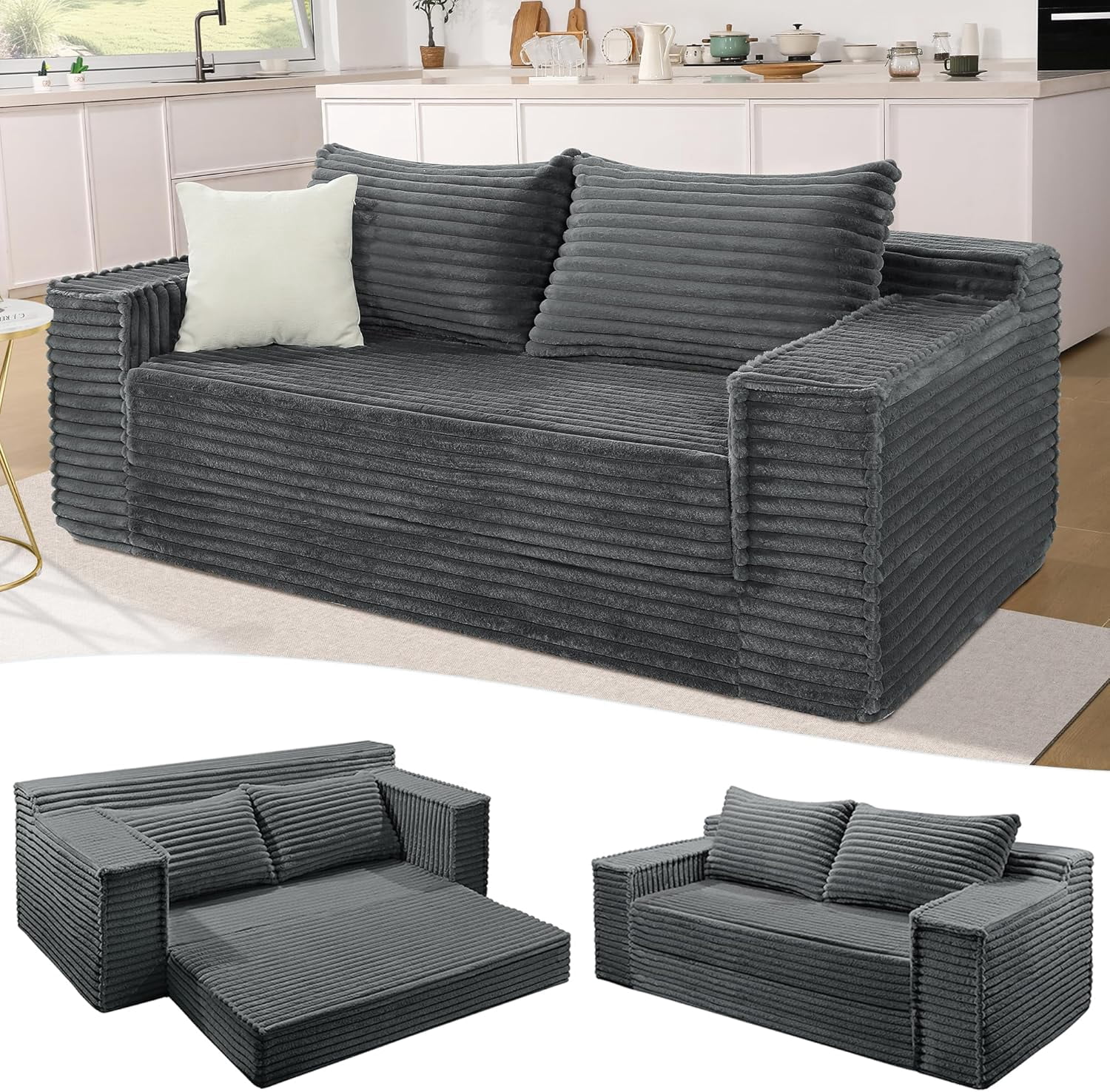 Senfot Queen Size Compressed Memory Foam Sofa, Modern Convertible Couch ...