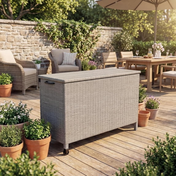 Senfot Rattan Storage Box, Iron + Rattan, Waterproof Outdoor Storage ...