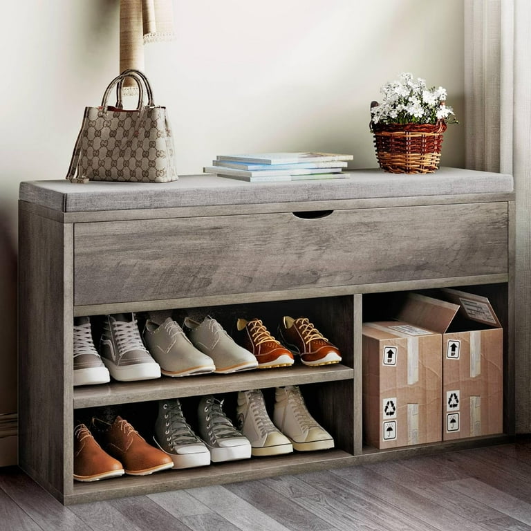 Grey bench with shoe storage store