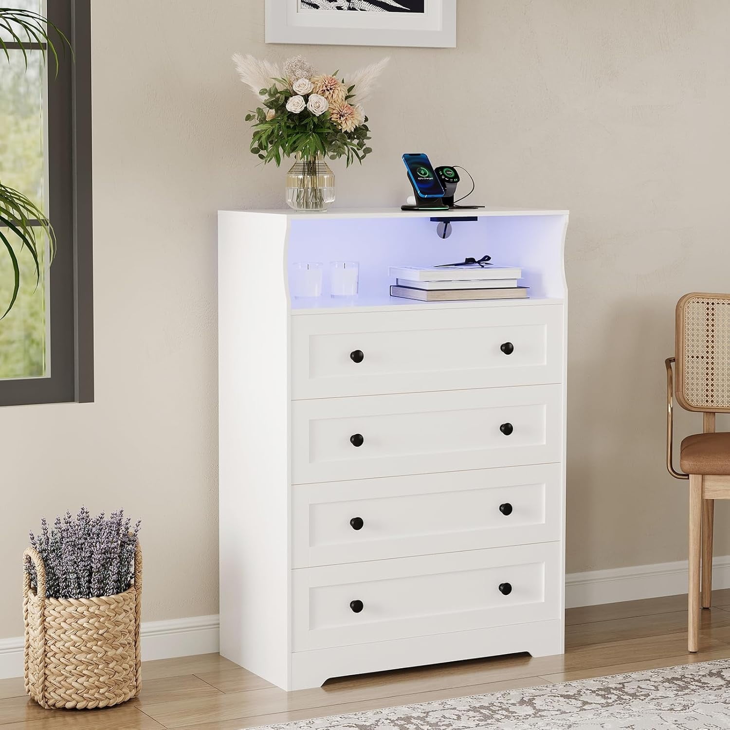 Senfot Slim 4-Drawer Dresser with USB Ports, Space-Saving Wood Cabinet ...
