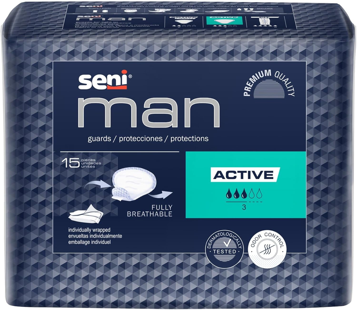 Seni Man Active Guards, Male Incontinence Bladder Control Pads, 8-9/10" x 10-3/5", 90 Count (6 ...