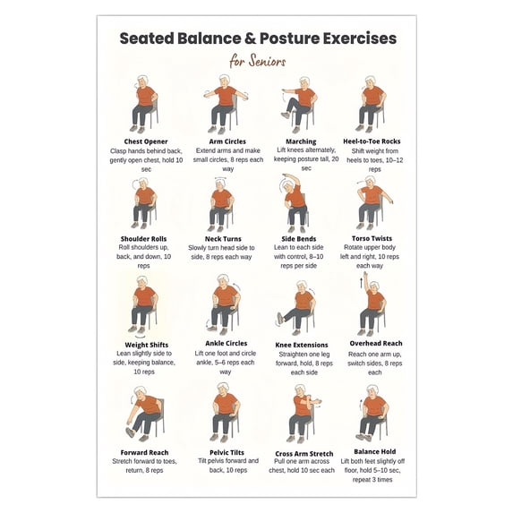 Senior Fitness Chair Exercises Chart Seated Balance and Posture Workout ...