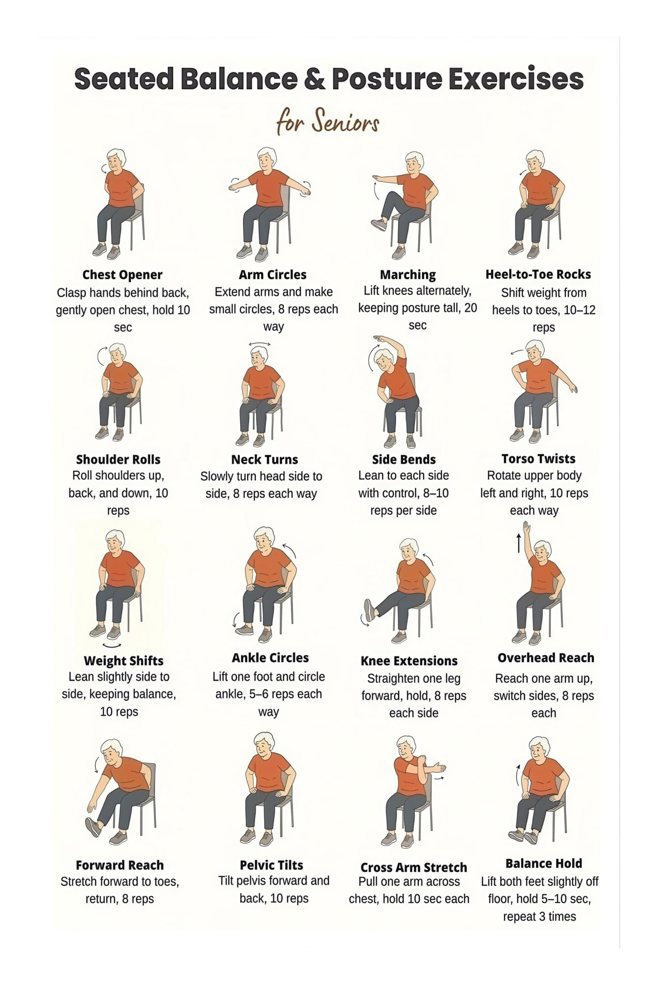 Senior Fitness Chart Easy Seated Exercises for Balance and Posture ...