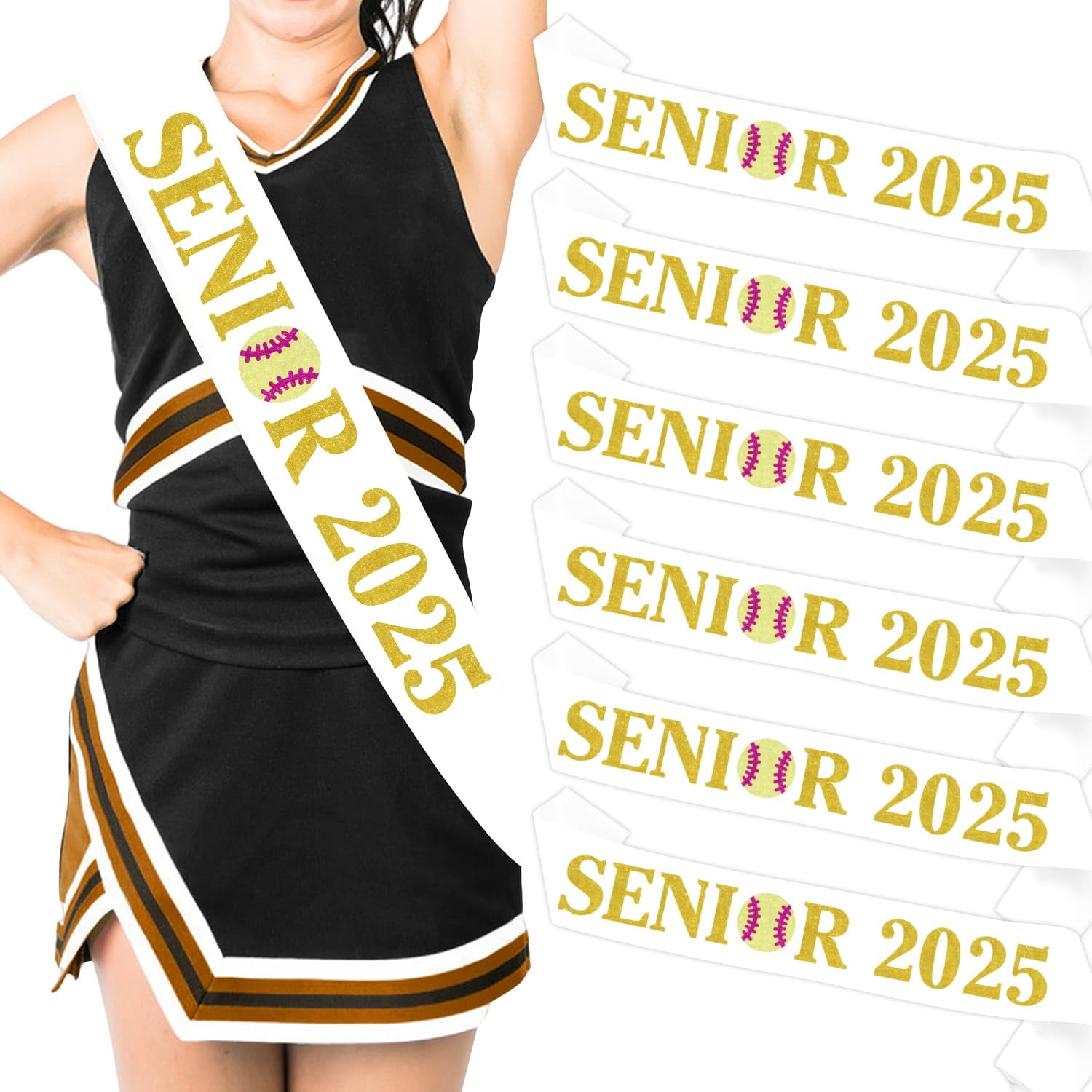 Senior Softball Sash 2025 MMF7 White Gold Glitter Softball 2025 ...