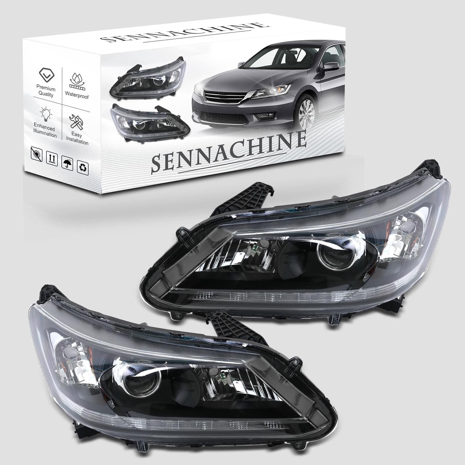 Sennachine Pair Headlight For 2013-2015 Honda Accord Halogen w/LED DRL ...