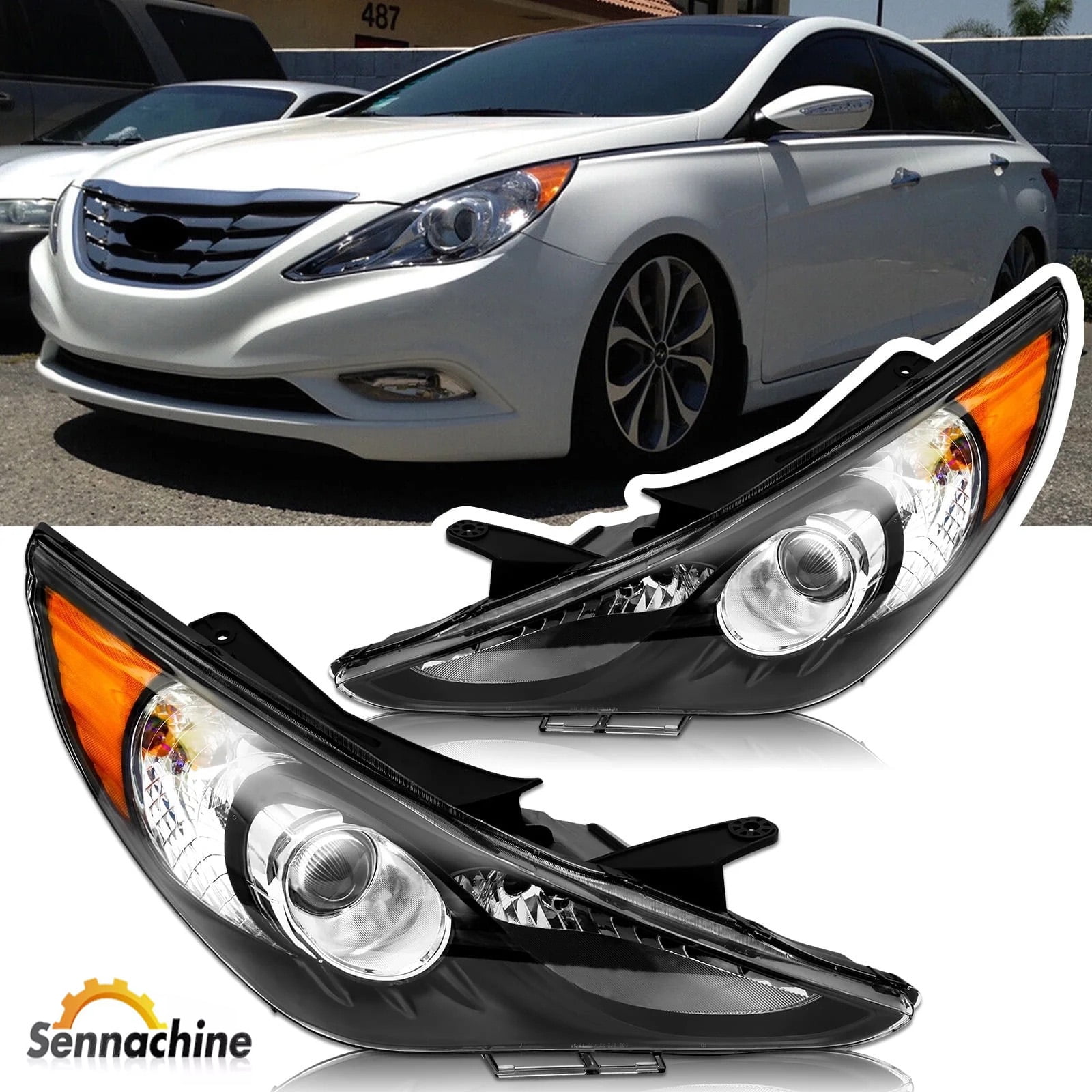 Sennachine Pair Headlights Assembly For 2011-2014 Hyundai Sonata Black ...