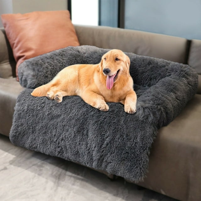 Sennaux Anti-Slip Plush Pet Bed with Neck Bolster, Dog Couch Protector ...