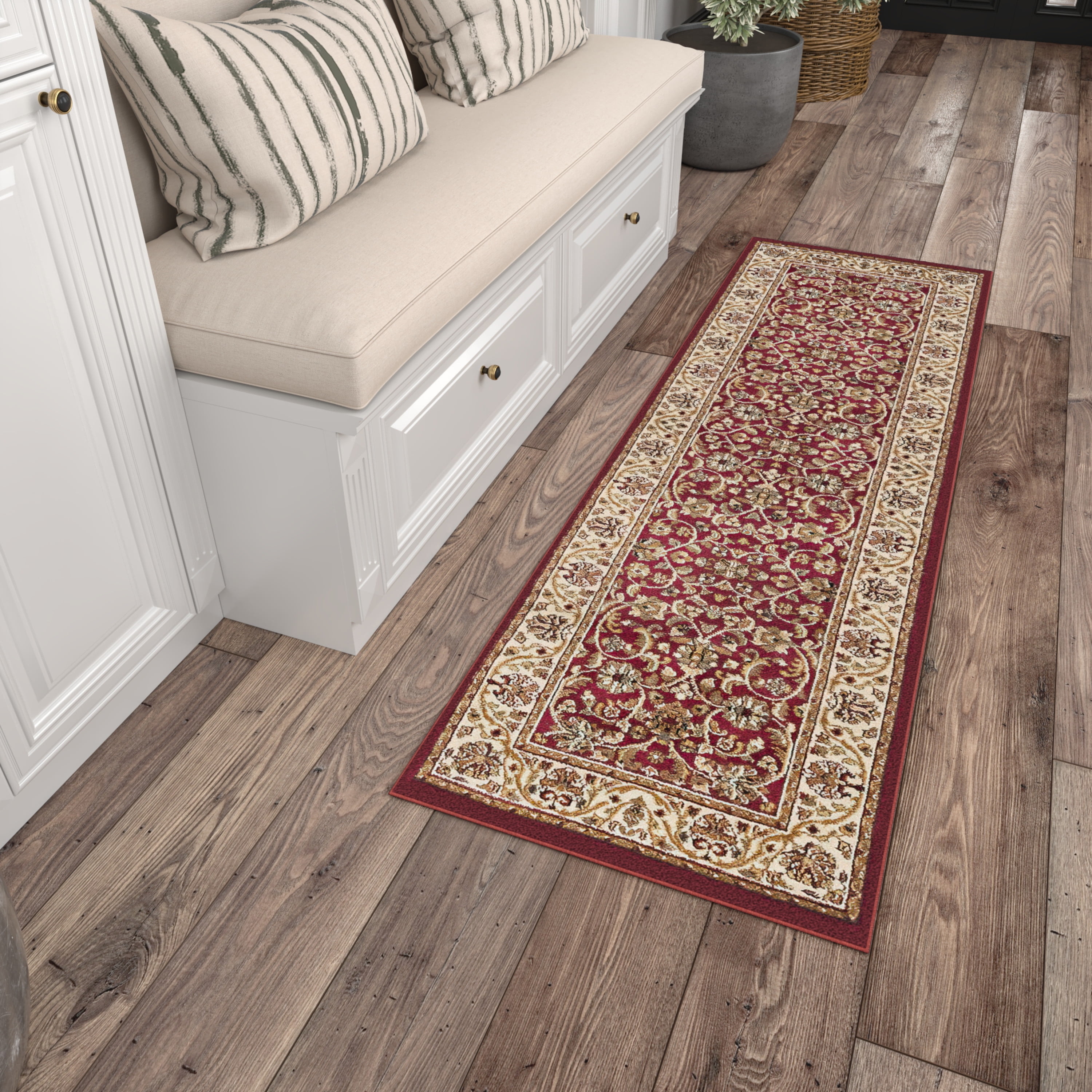 Sensation Traditional 2' x 7' Red and Beige Polypropylene Indoor Area ...