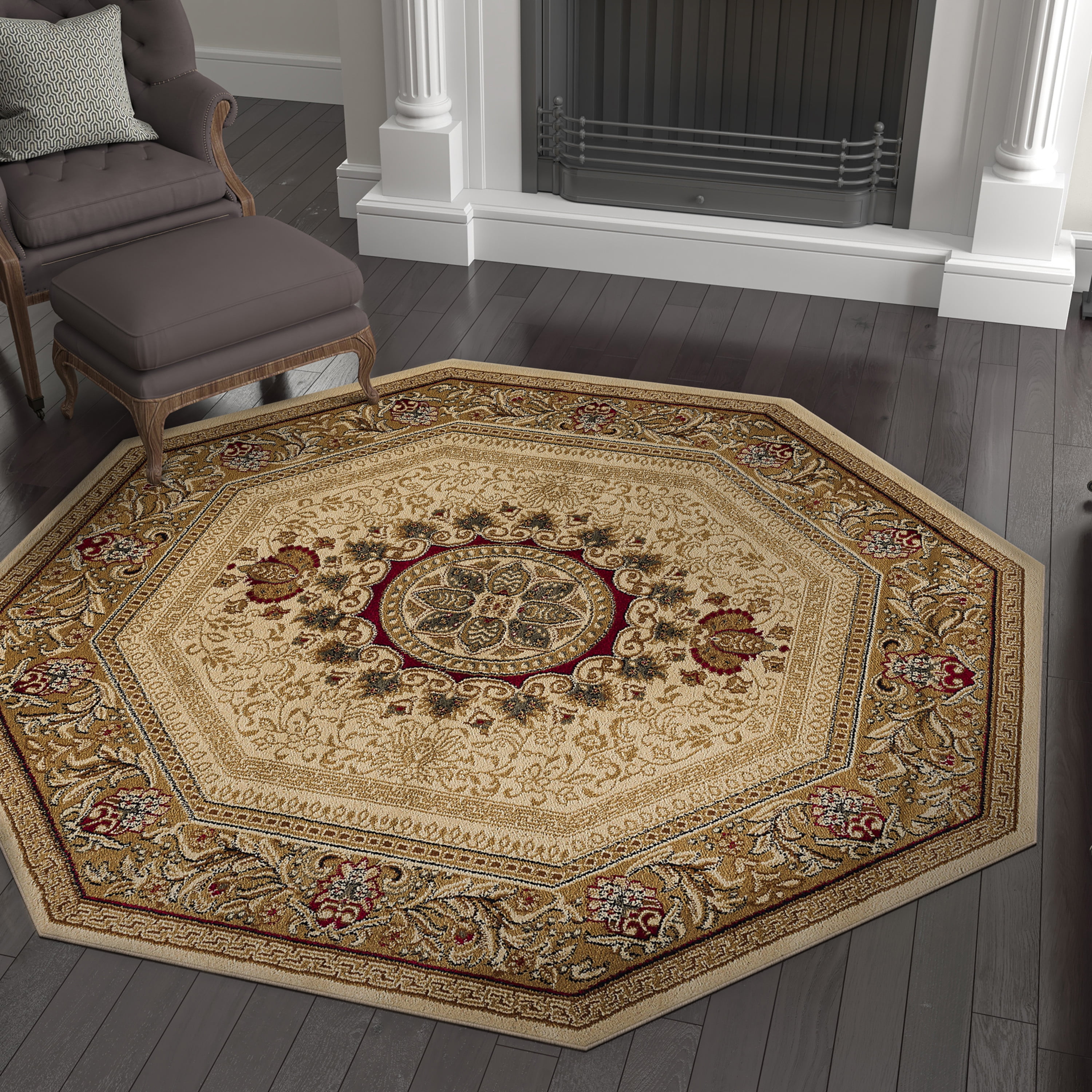 Sensation Traditional Octagon Ivory & Scarlet Rug - Walmart.com