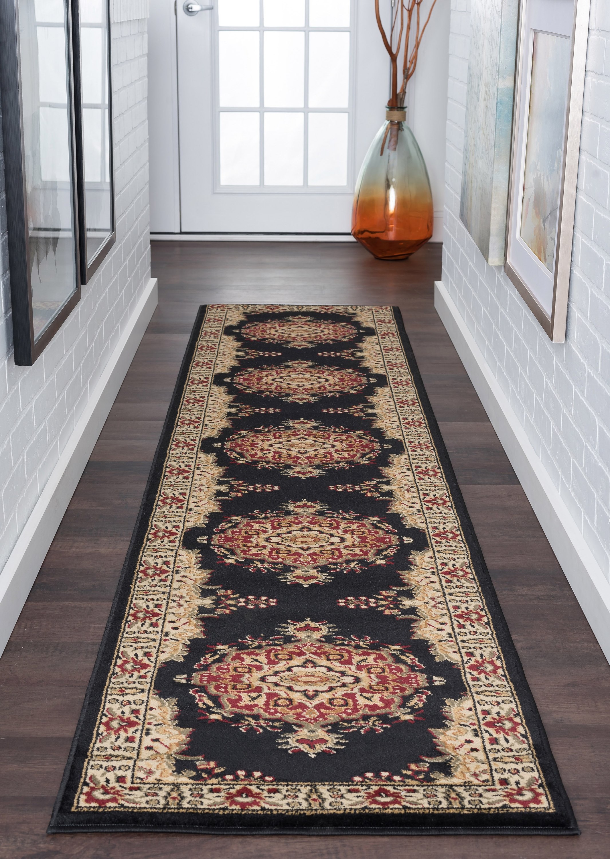 Sensation Transitional 2' x 10' Black and Beige Polypropylene Indoor ...