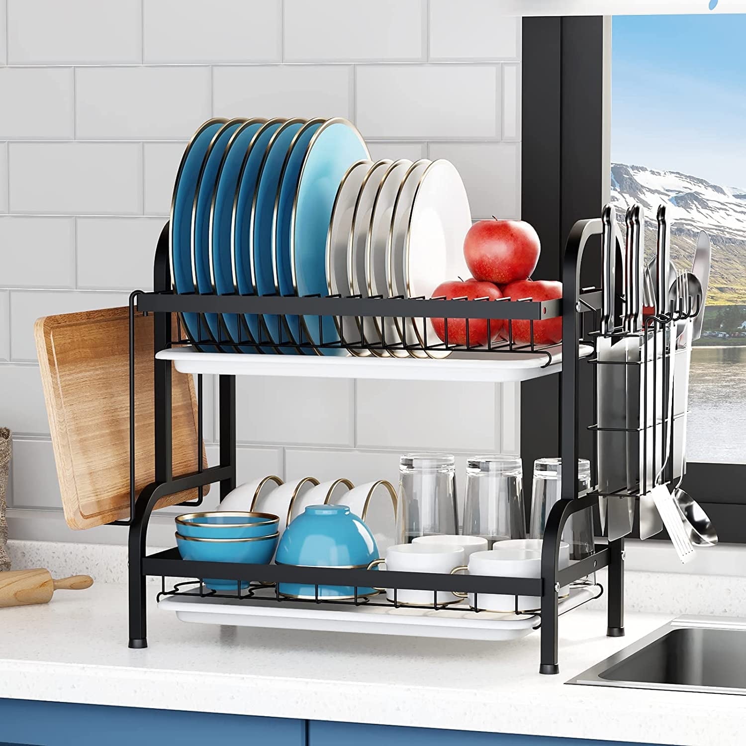 Sensch 2-Tier Dish Rack, Kitchen Drying Rack with Drain Board, Utensil ...