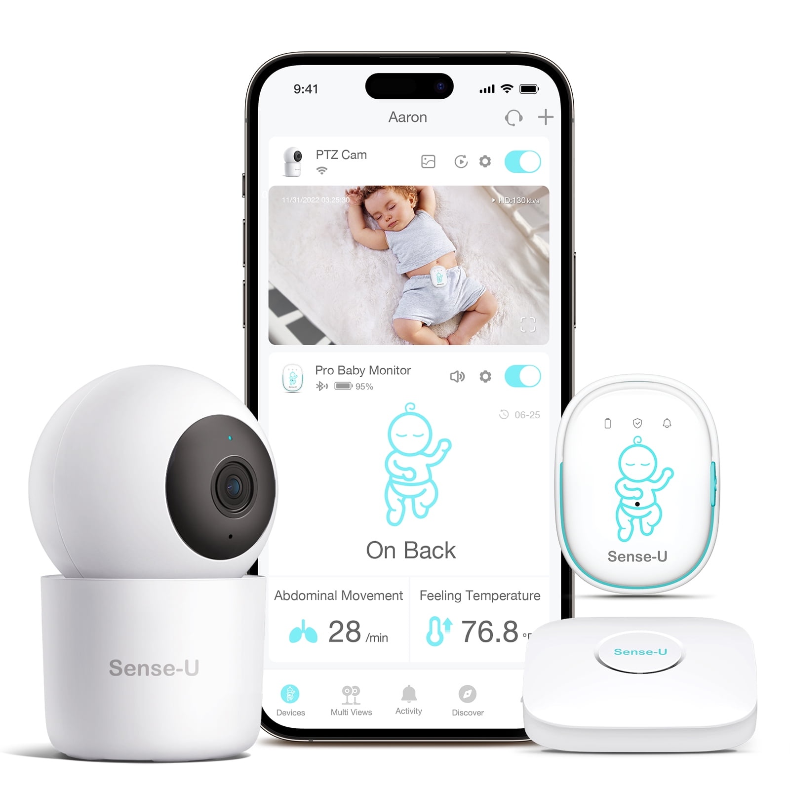Sense-U Smart Baby Monitor Pro(Long Range)+2K PTZ Camera: Track Abdominal Movement with Arousal ...