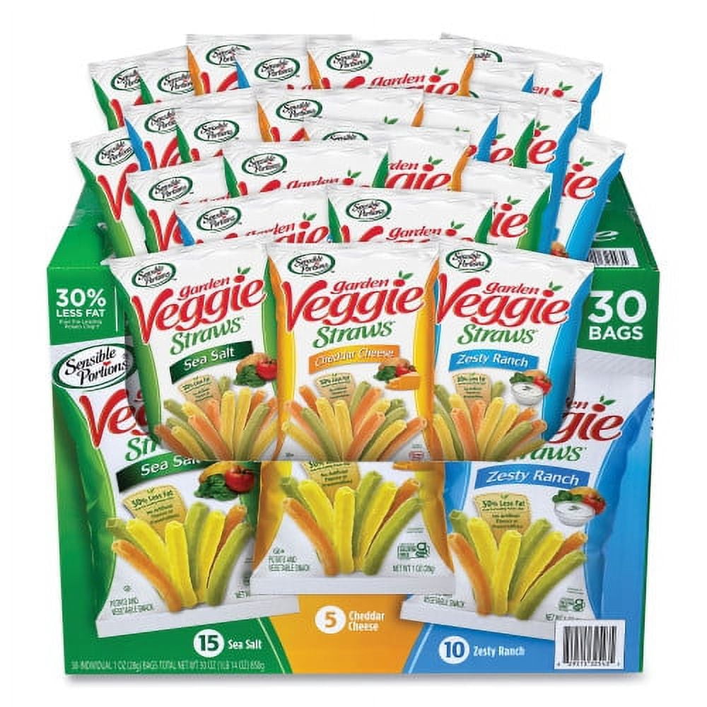 Sensible Portions Veggie Straws, Cheddar Cheese/Sea Salt/Zesty Ranch, 1 oz Bag, 30 Bags/Carton ...