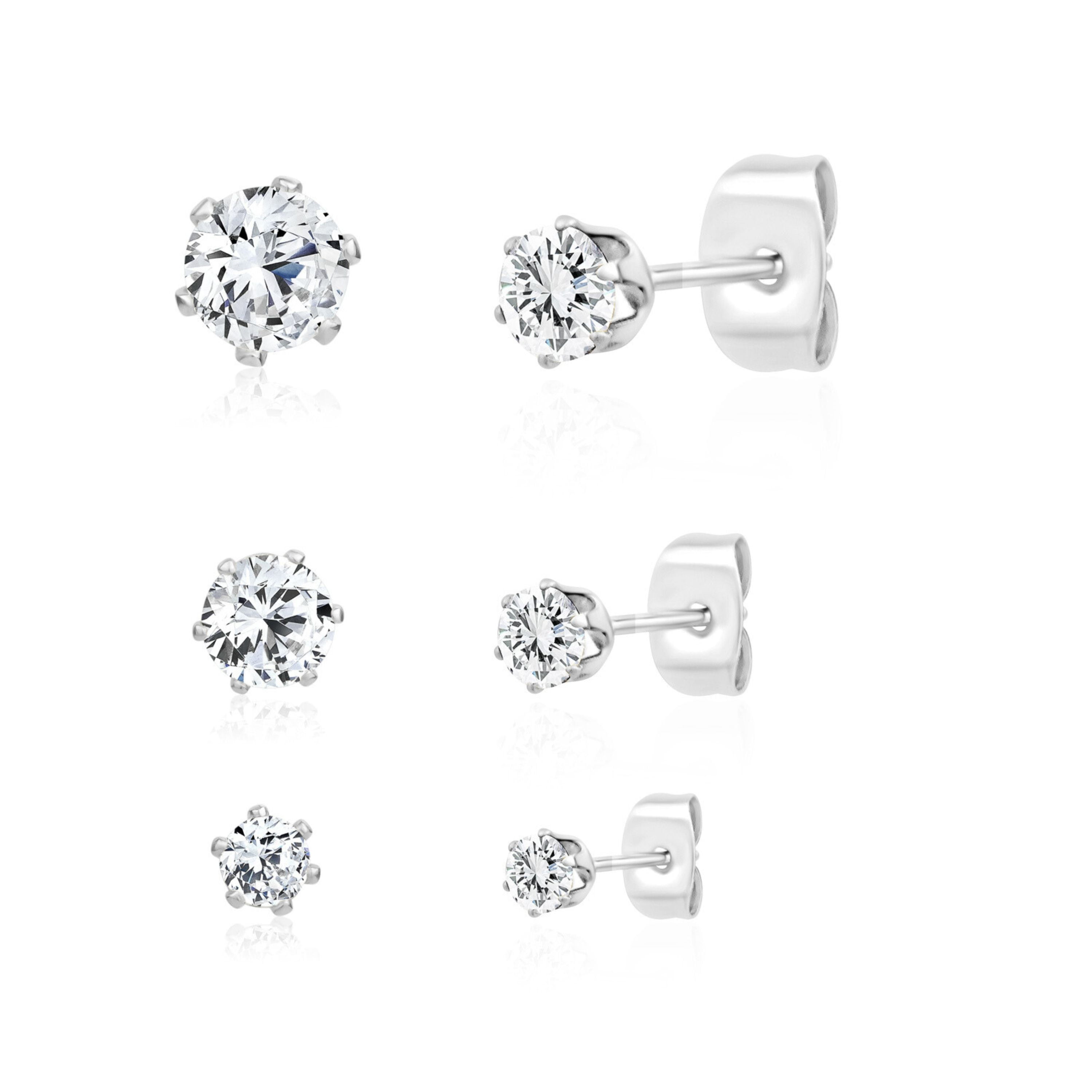 Sensitive Skin Stainless Steel Set of 3 Unisex Cubic Zirconia Stud ...