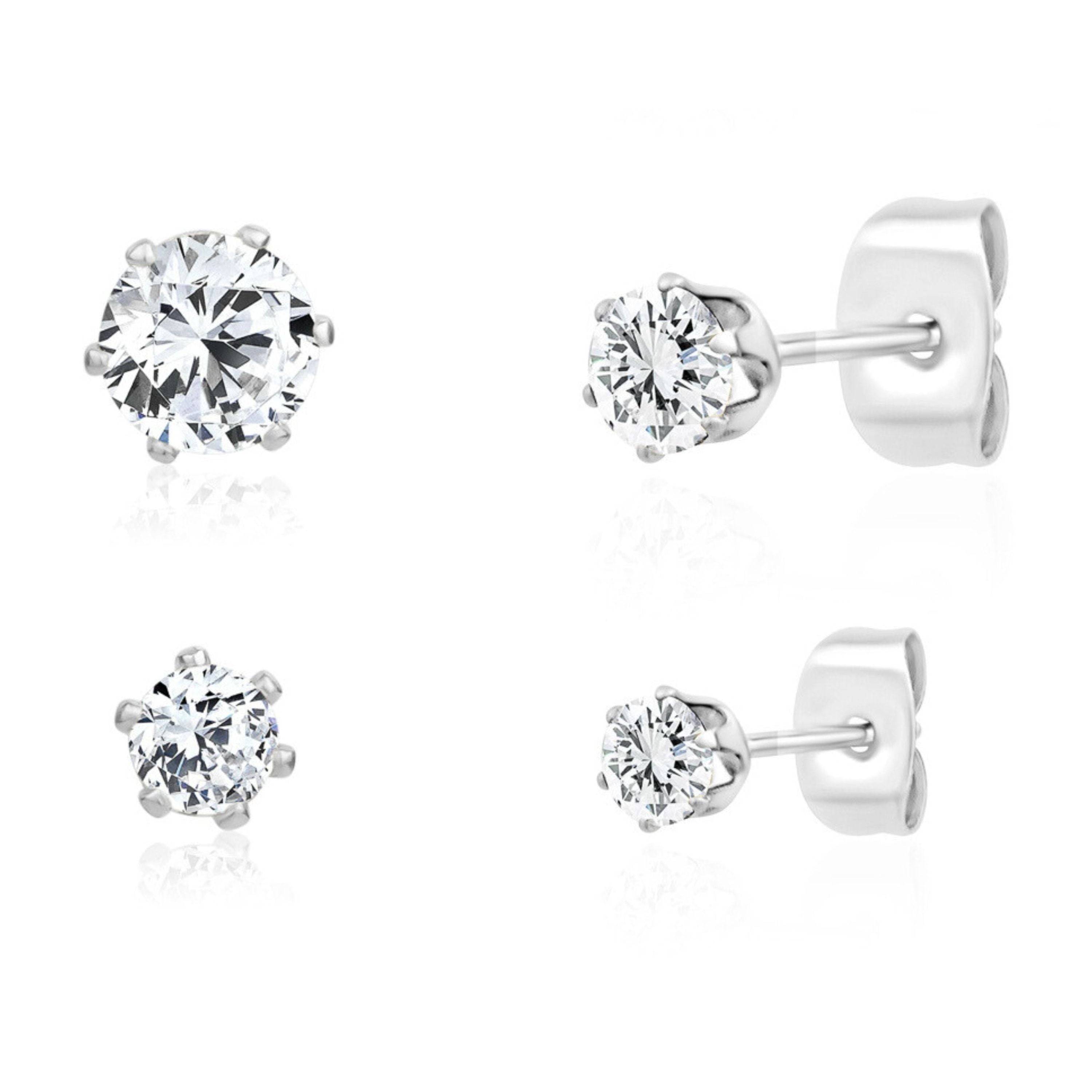 Sensitive Skin Stainless Steel Unisex Duo Cubic Zirconia Studs Earrings ...