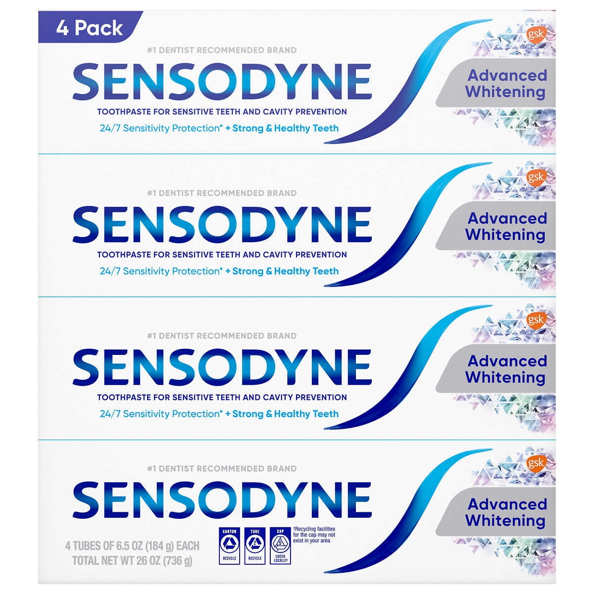 Sensodyne Advanced Whitening Toothpaste, 6.5 Ounce, 4 Count, Gentle for ...