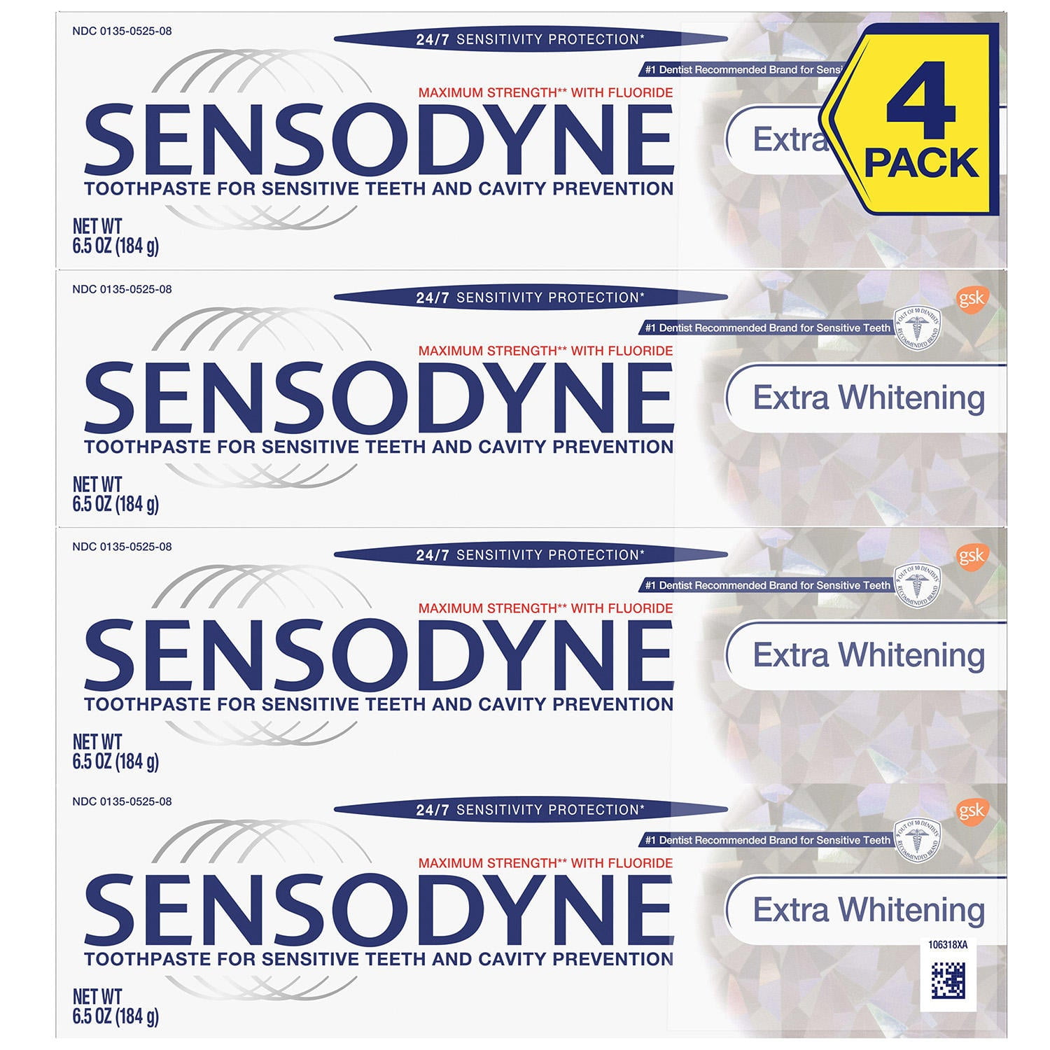 Sensodyne Extra Whitening Toothpaste, 6 oz, Pack of 4, Sensitivity Relief, Fluoride Protection ...