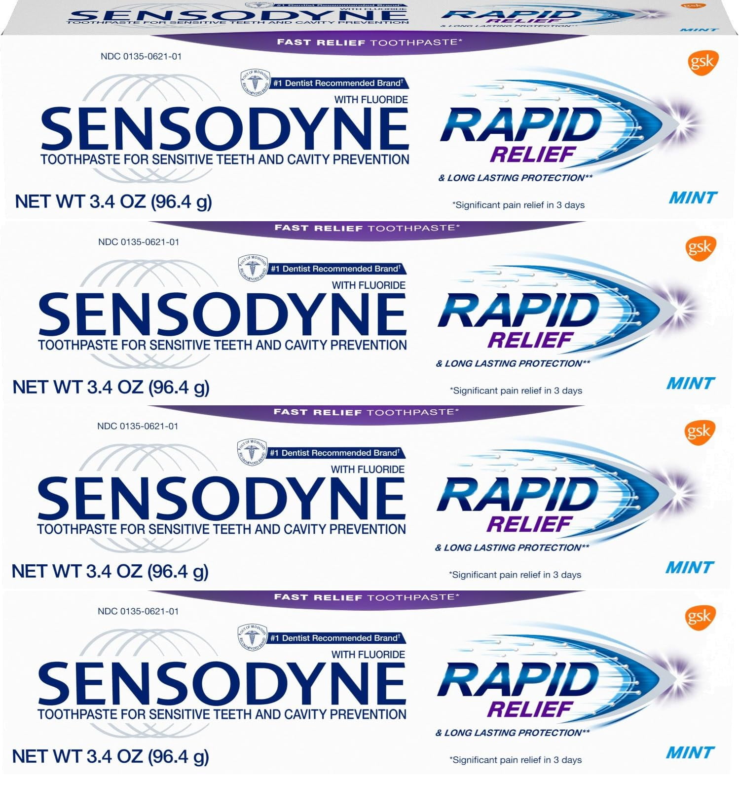 Sensodyne Rapid Relief Sensitive Toothpaste, Mint, 3.4 Oz Pack of 4 ...