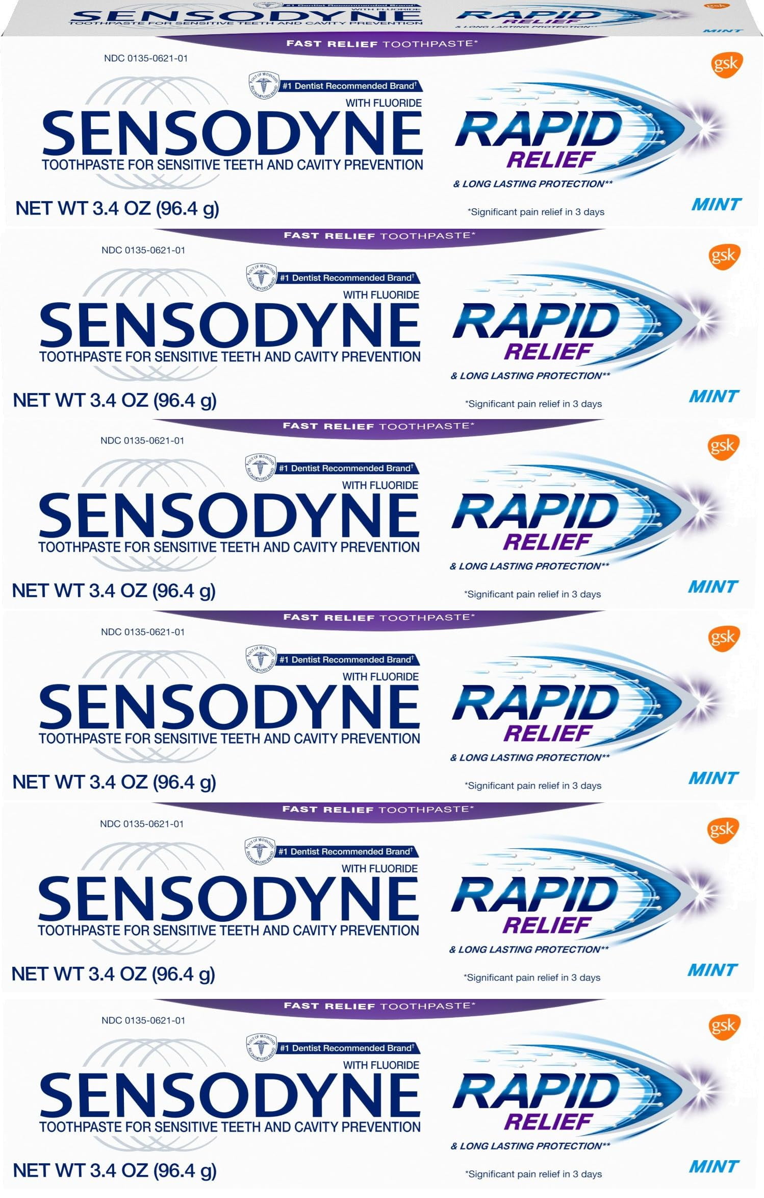 Sensodyne Rapid Relief Sensitive Toothpaste, Mint 3.4 Oz pack of 6 ...