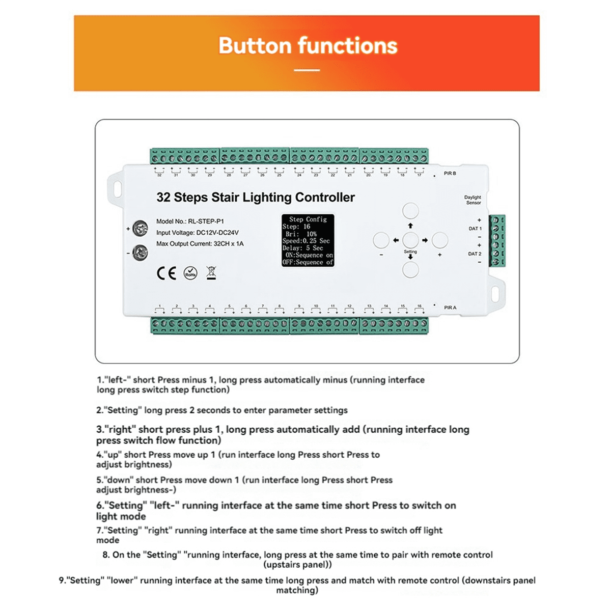 Sensor Stair Controller 32 Steps 2-In-1 Tread Plus Running Water Light ...