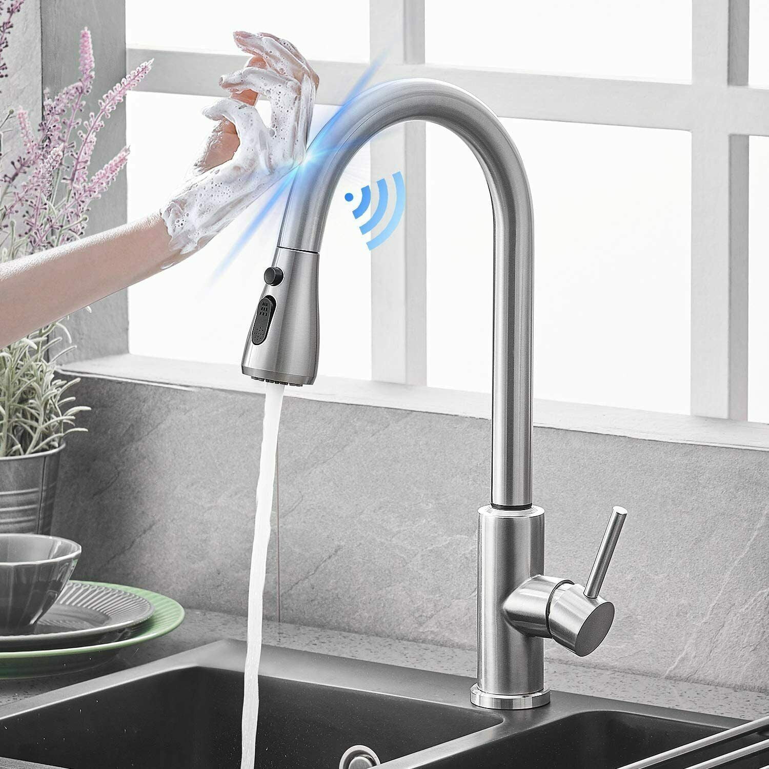 Touch Sensor Kitchen Sink Faucet, Single Lever, Brushed Nickel with ...