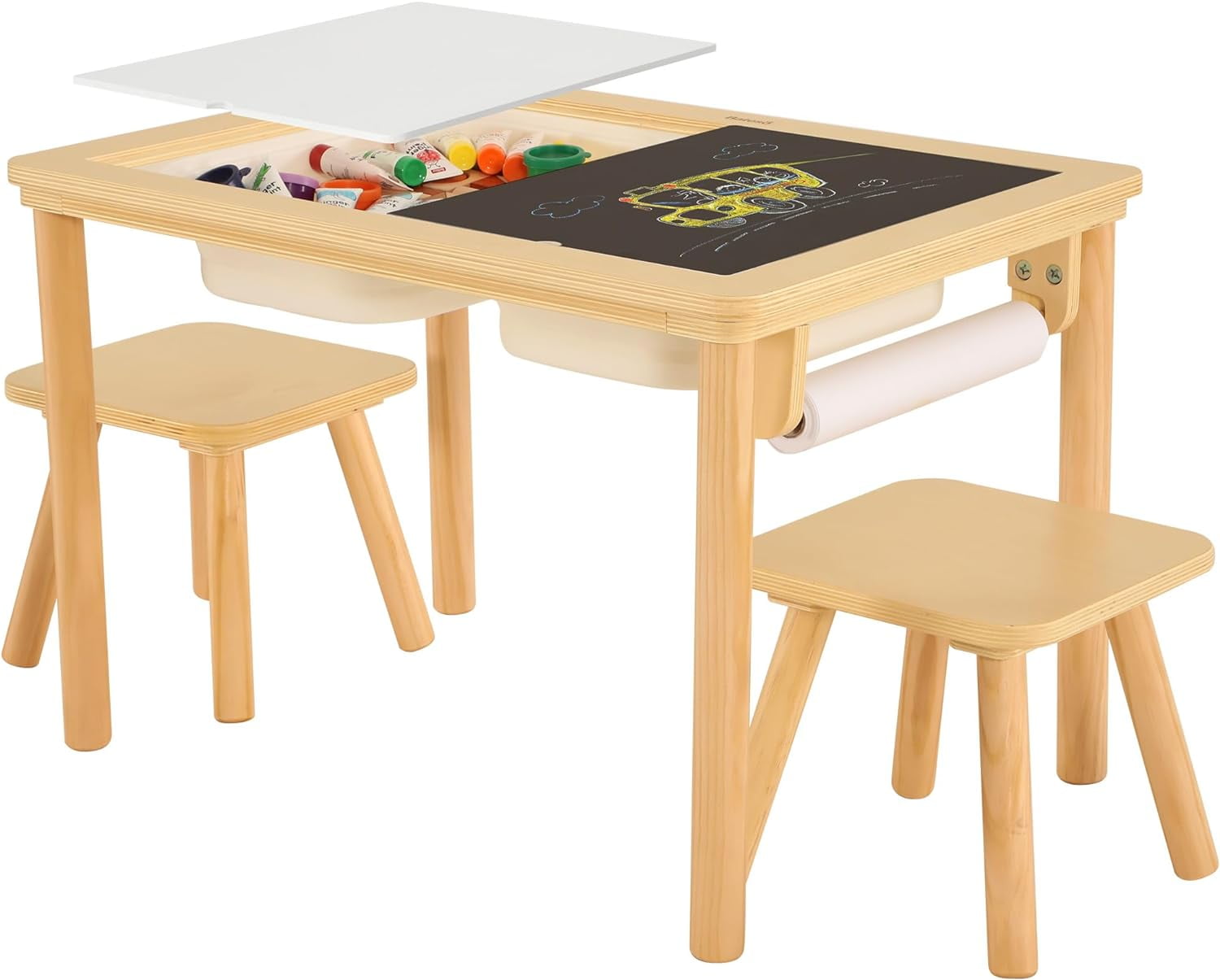 Sensory Table with 2 Chairs & 1 Roll Paper, Wooden Sand and Water Table ...