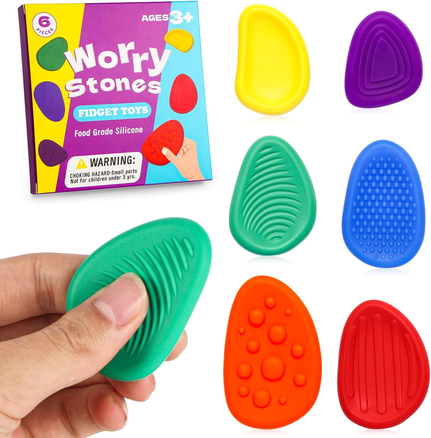 Sensory Worry Stone for Kids, 6 Pcs / Pack Silent Fidget Toys for Classroom, Quiet Fidgets Toy ...