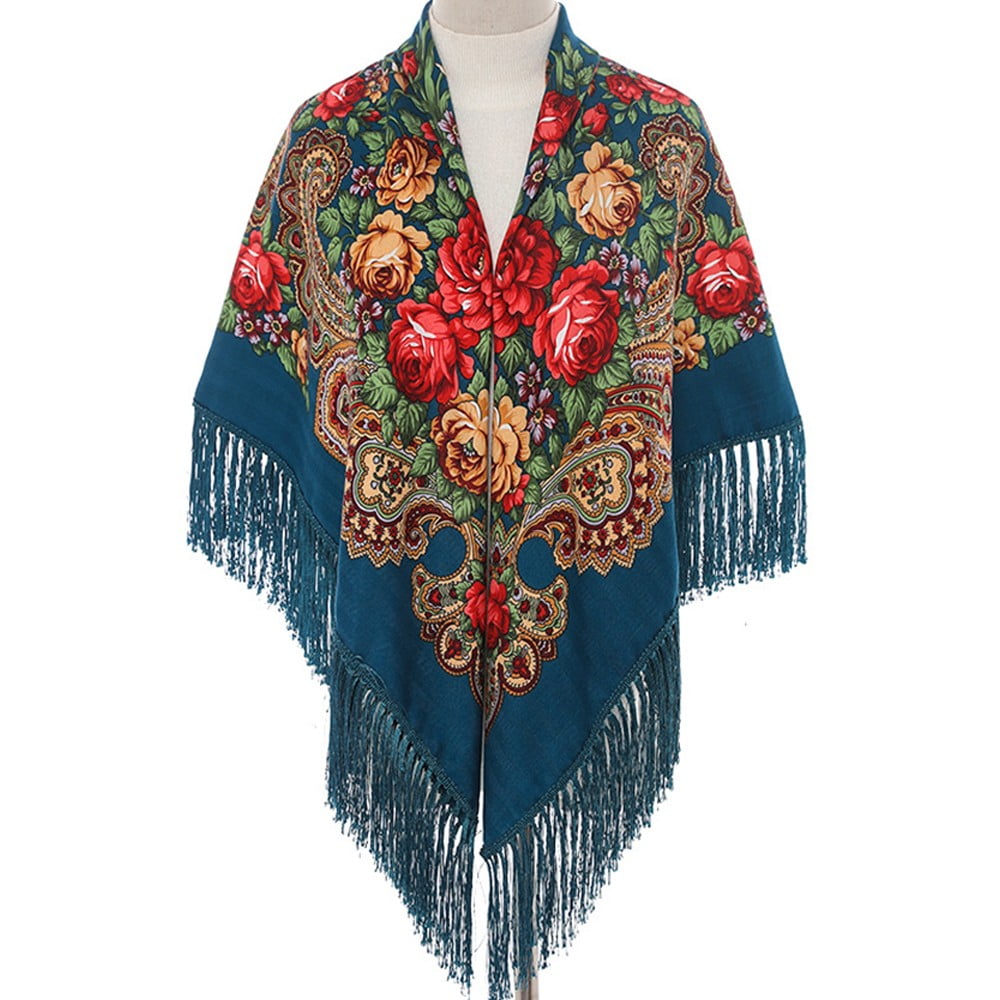 Sentaili Women Muslim Russian Ethnic Floral Vintage Fringe Long Scarf ...