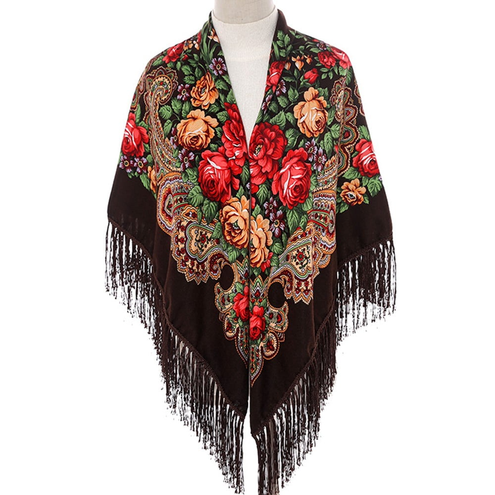 Sentaili Women Muslim Russian Ethnic Floral Vintage Fringe Long Scarf ...