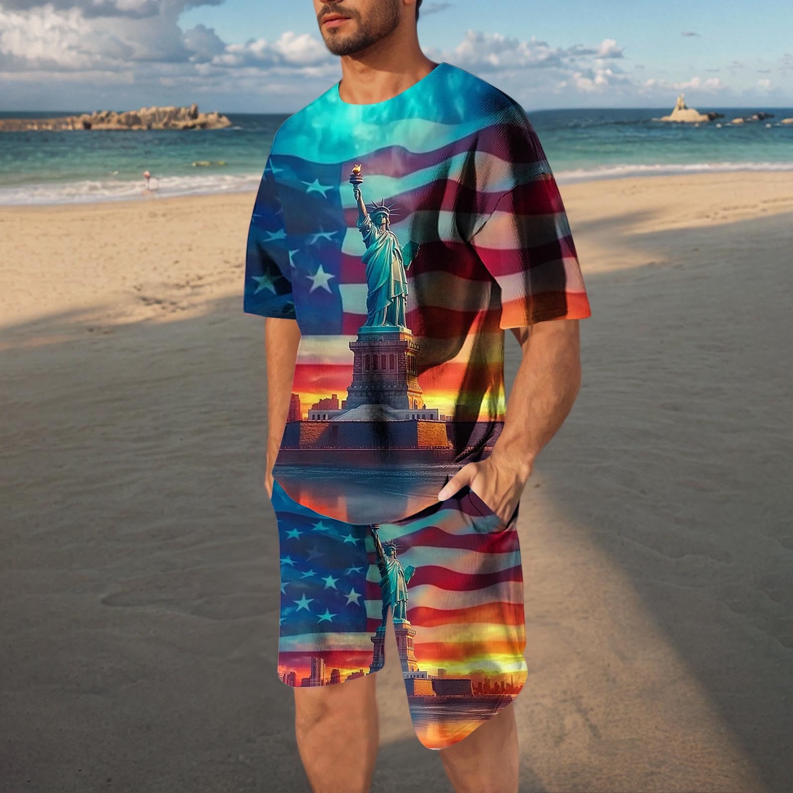 Sentmoon 2 PCS Flowy Tops for Men with Gym Shorts 4th of July Print ...