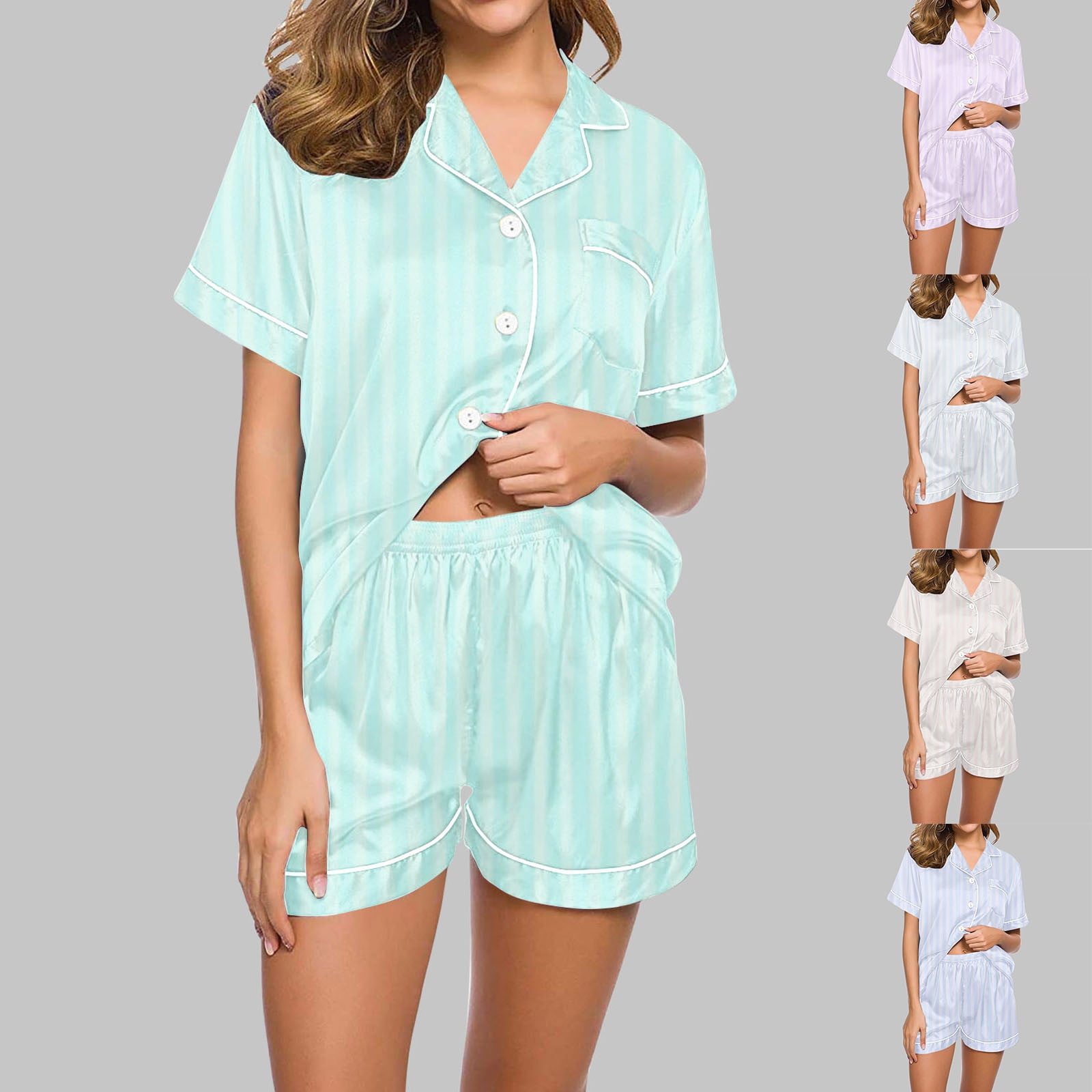 Sentmoon 2 PCS Sleep Shirts for Women Collar Summer Pajamas Short ...