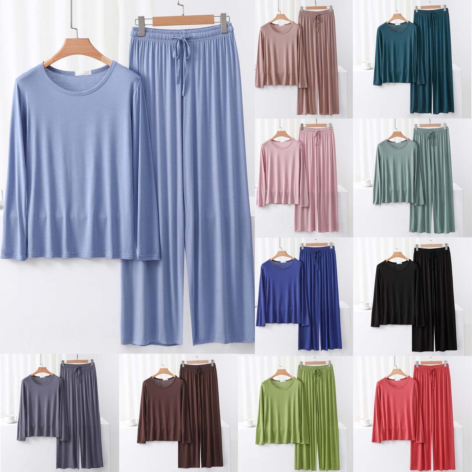 Sentmoon 2 PCS Women Pajama Sets Crew Neck Nightgowns for Women Long ...