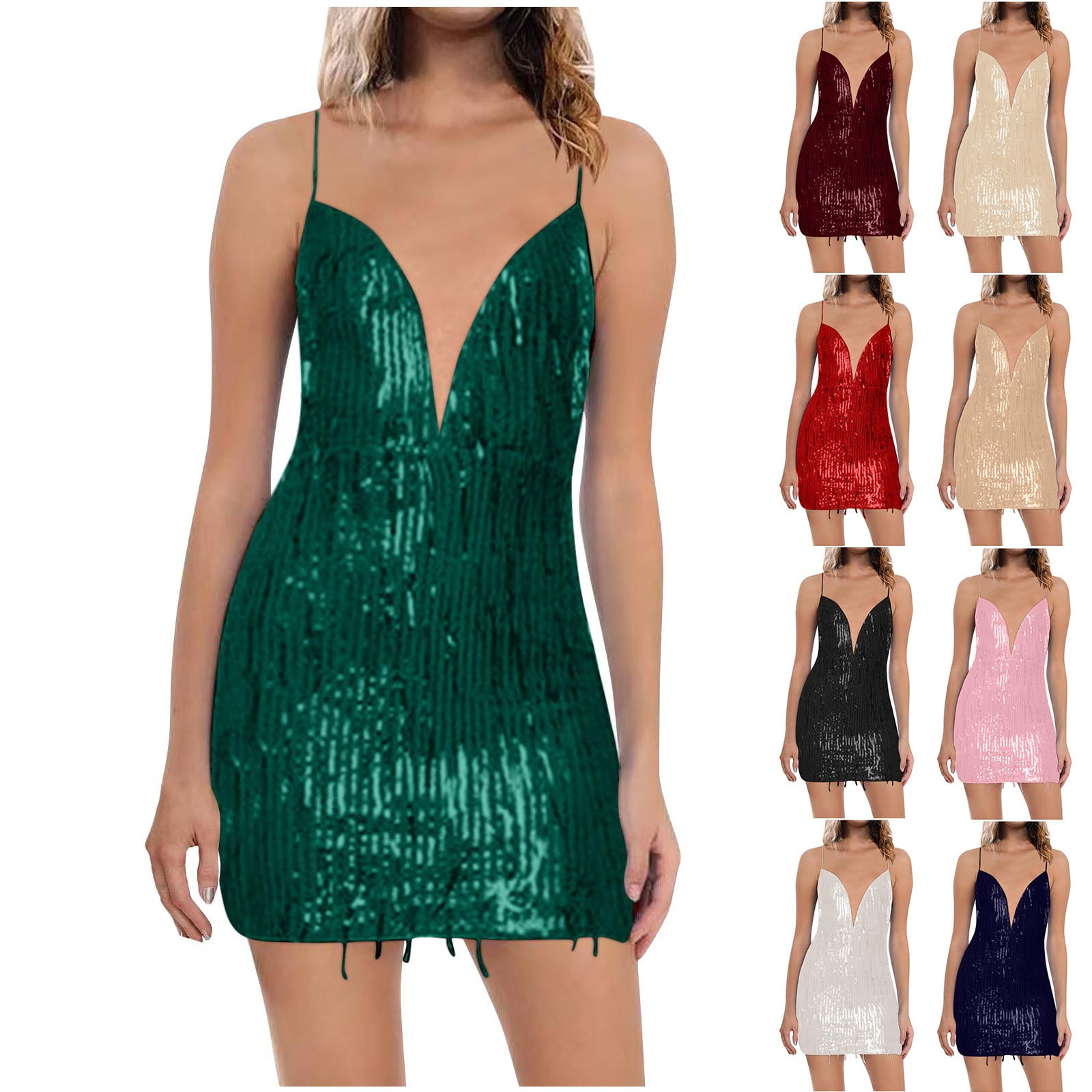 Sentmoon Bodycon Dress Sleeveless V Neck Sequin Dress for Women Solid ...