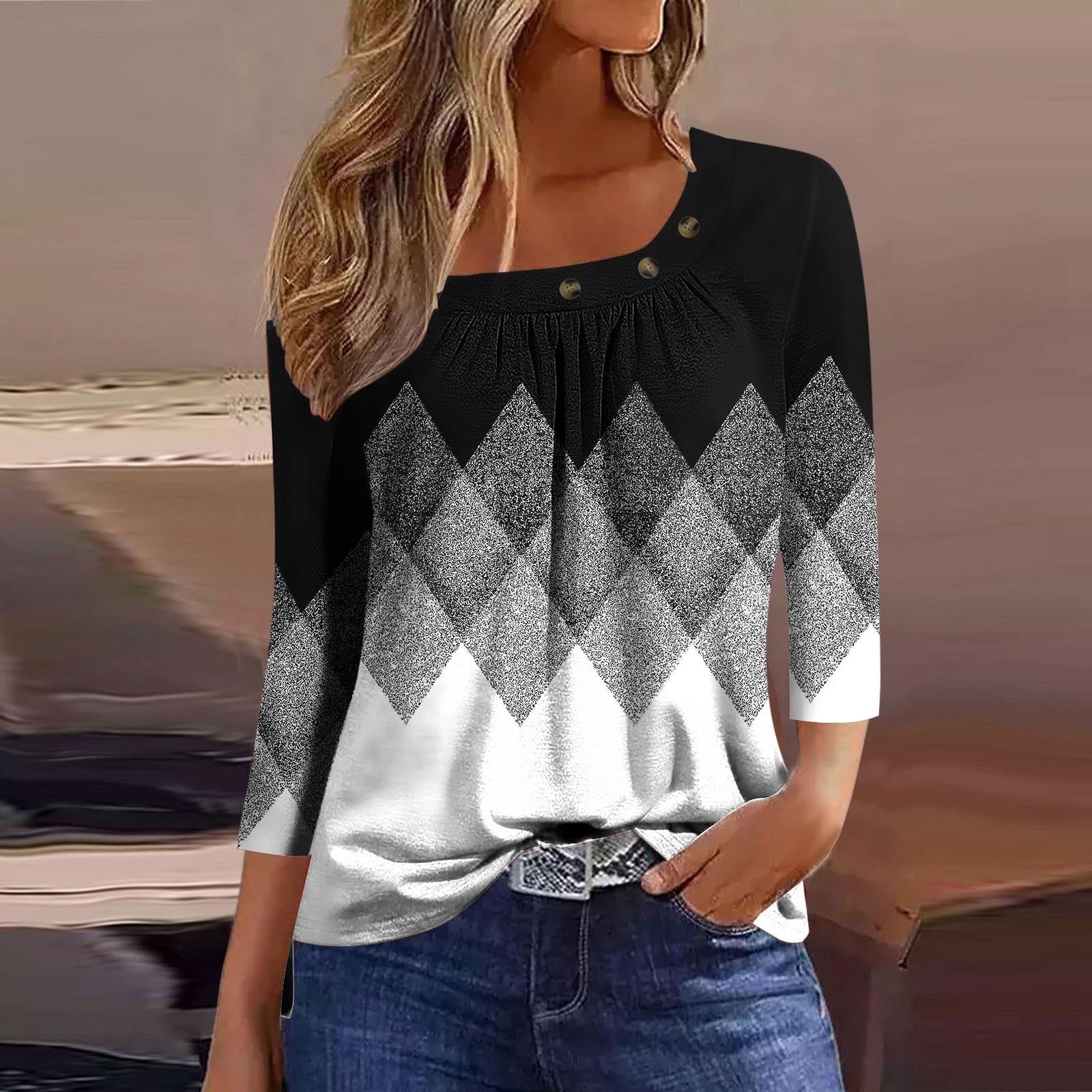 Sentmoon Breathable Quarter Sleeve Blouse Button Crew Neck Trendy Print ...