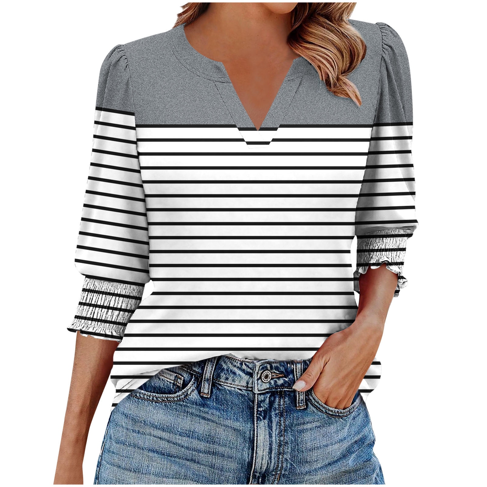 Sentmoon Club Outfits for Women Smocked Cuffs 3/4 Sleeve V Neck ...