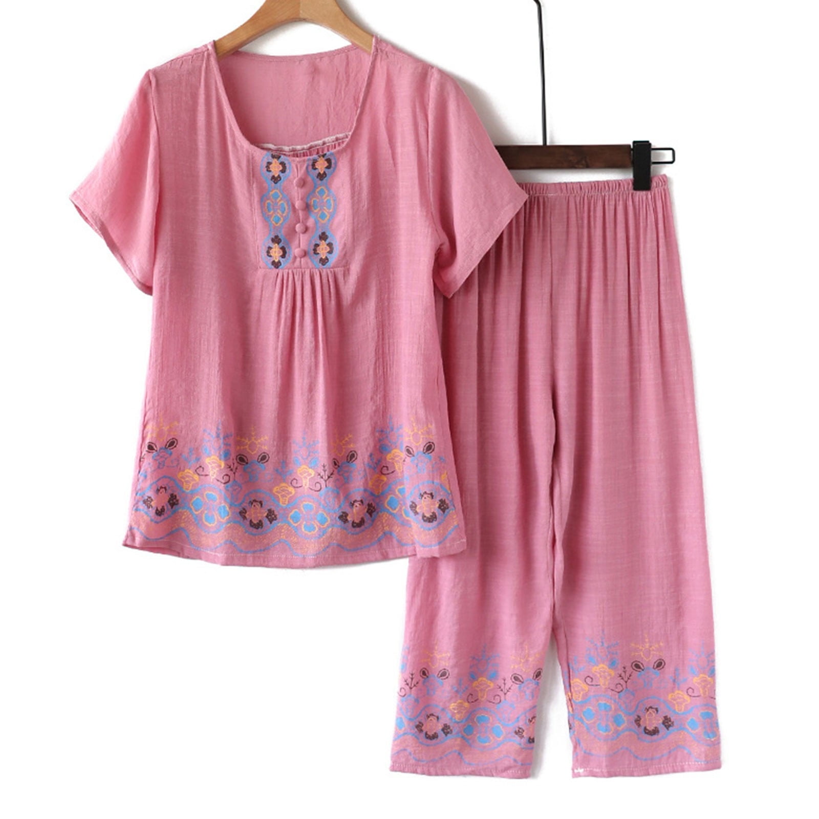 Sentmoon Cotton Linen Fashion Short Sleeve Womens Pajama Sets Loose Fit ...